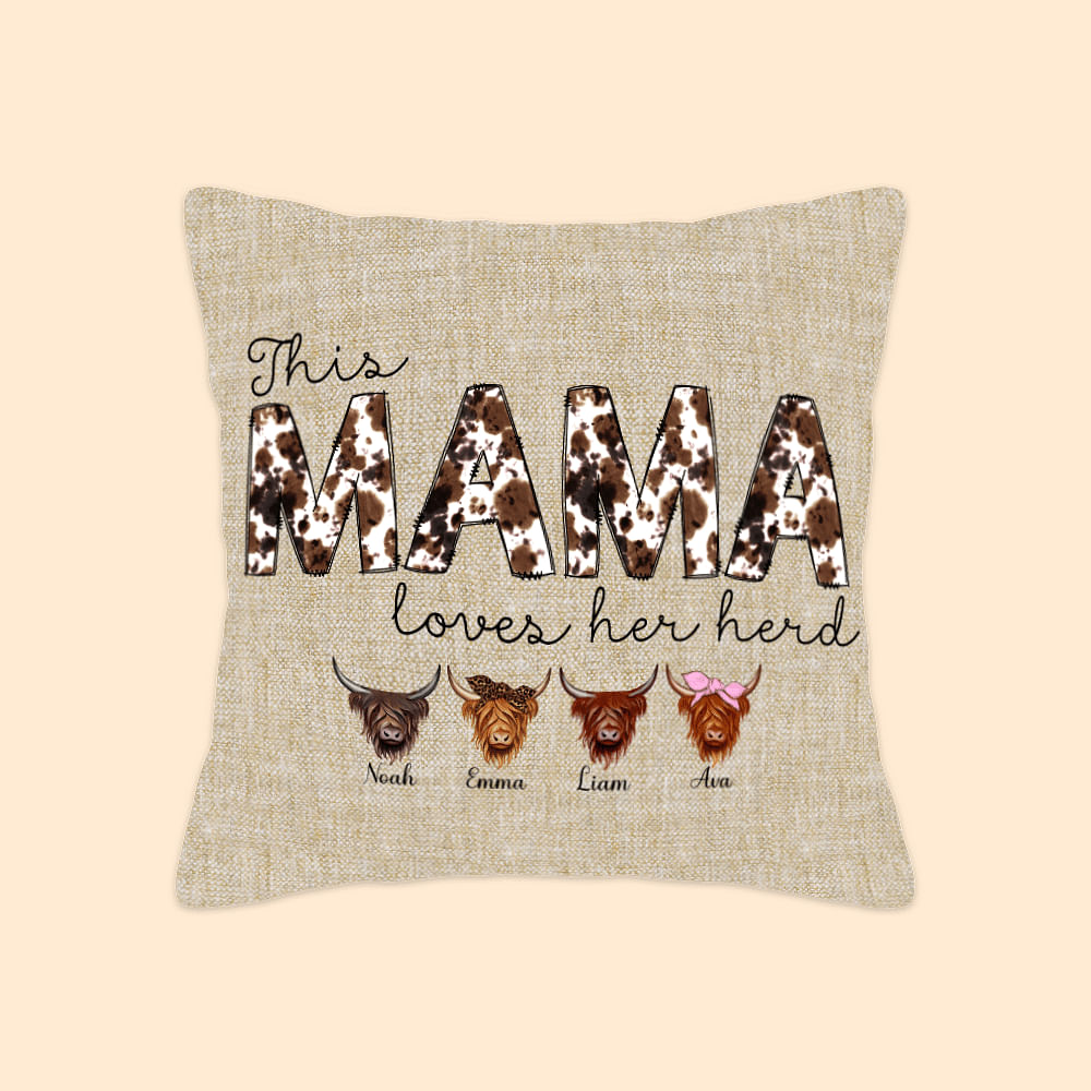 Personalized This Mama Loves Her Herd Highland Cow Cushion Throw Pillow