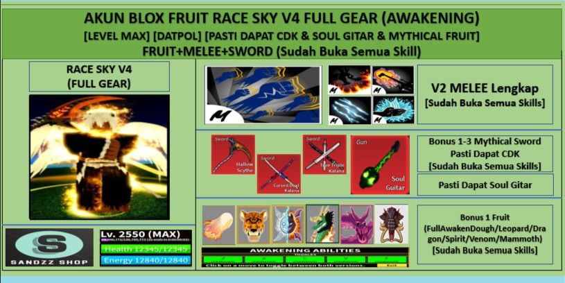 Beli Akun Akun Blox Fruit Race Sky V4 Full Gear Awakening Mythical