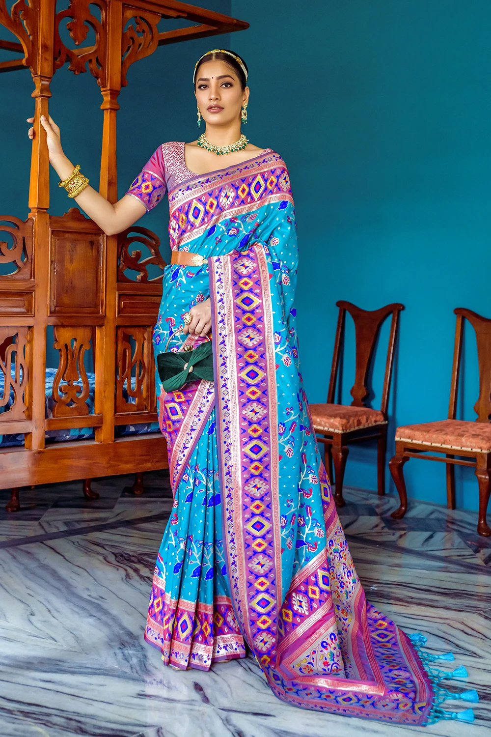 Woven Banarasi Silk Saree In Sky Blue Ucchal Fashion