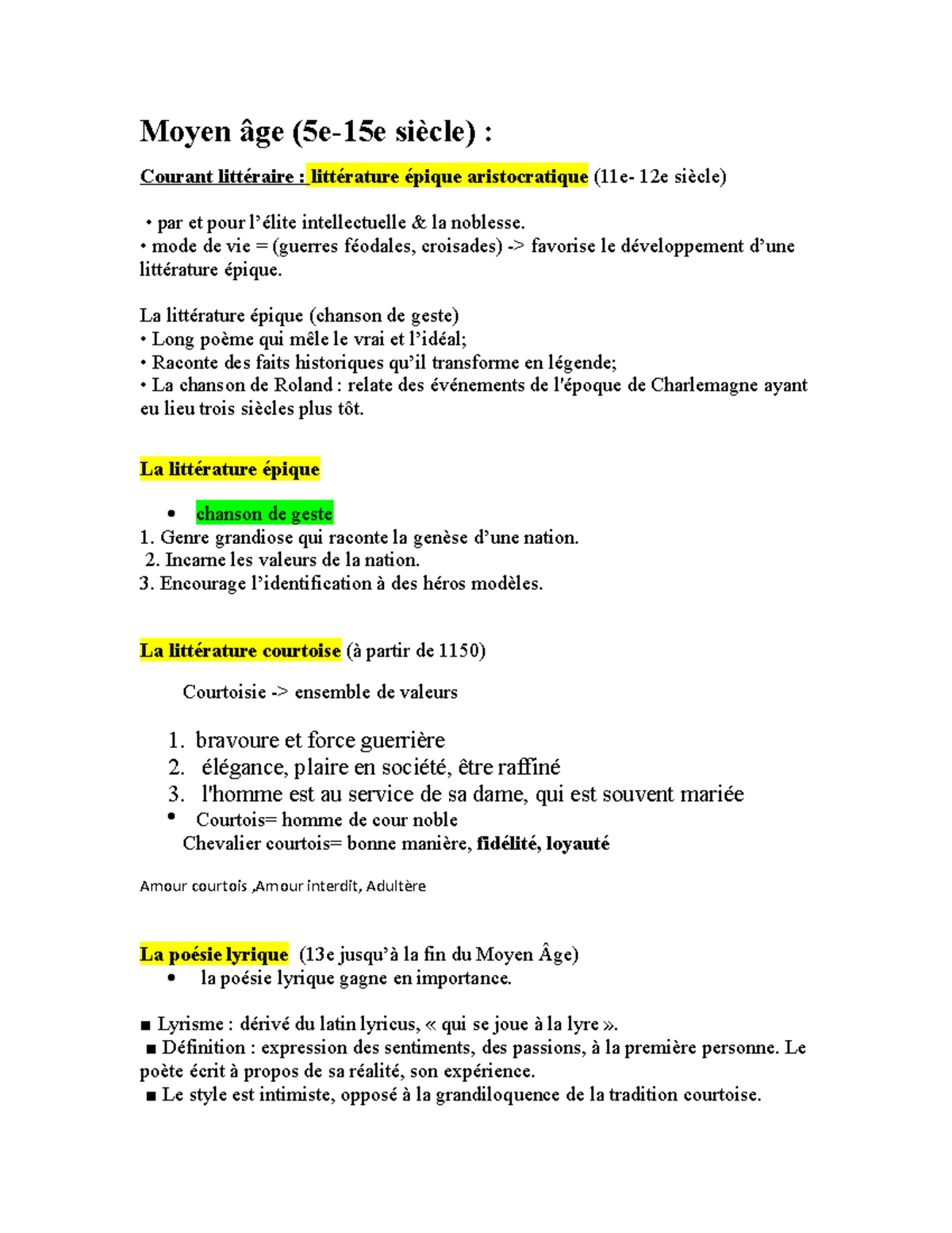 Synthèse De La Matière Du Cours Moyen âge 5e 15e Siècle Courant