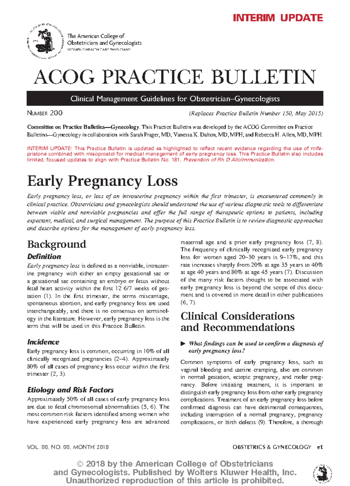 Acog Practice Bulletin No 200 Early Pregnancy Loss Interim Update