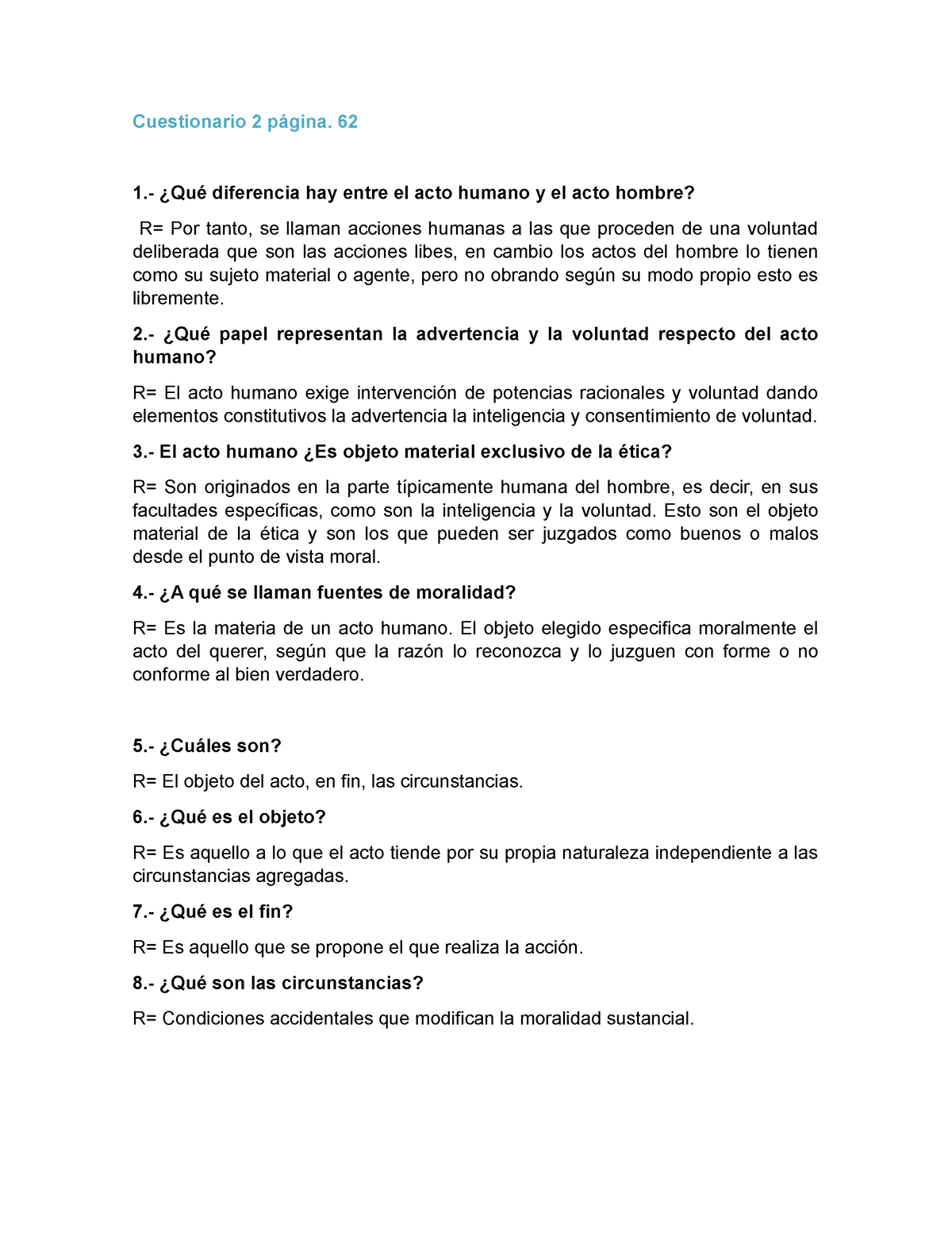 Cuestionario Acto Humano Y Acto Hombre Cuestionario 2 Página 62 1