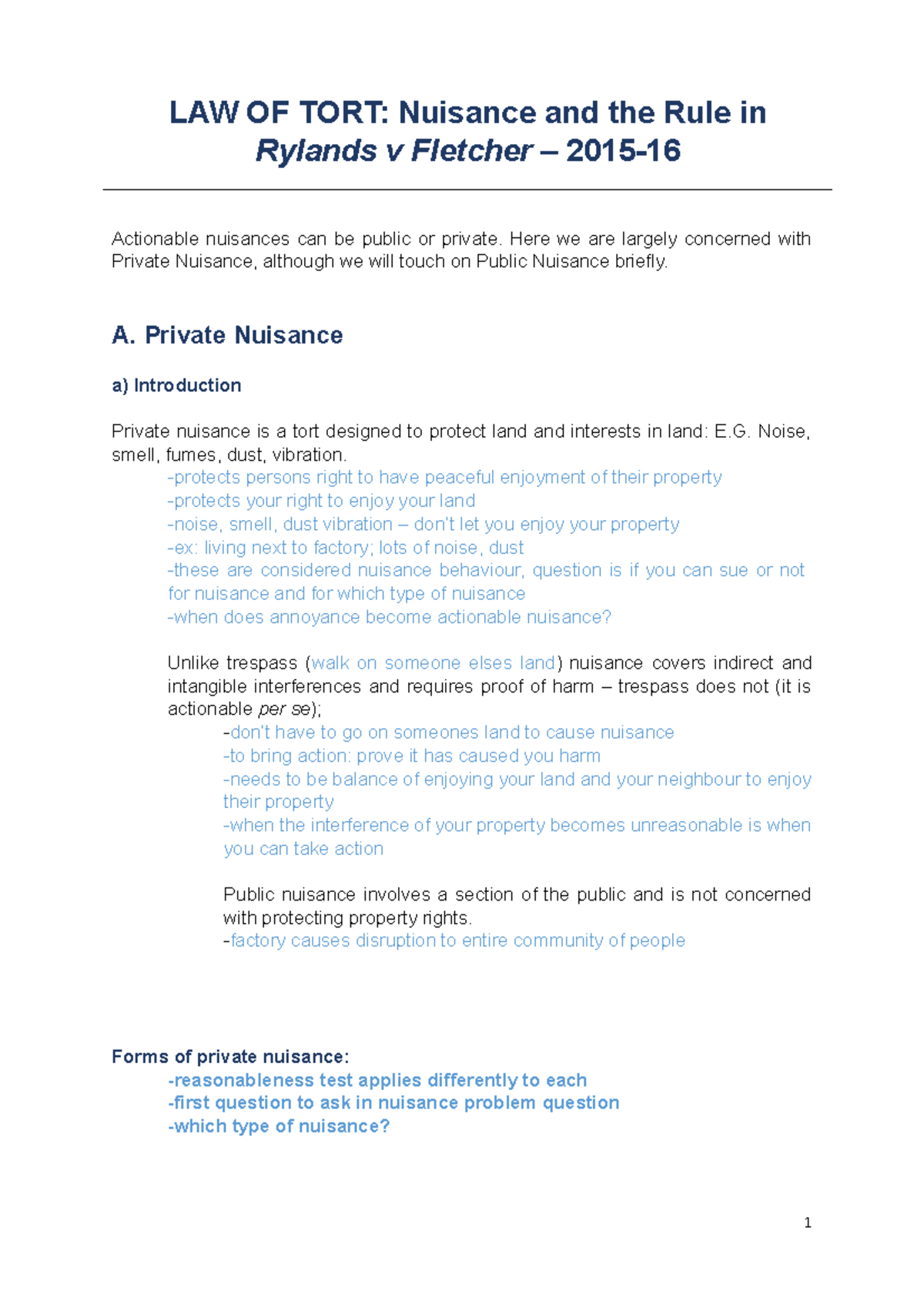 Nuisance Hand Out Lecture Notes Law Of Tort Nuisance And The Rule