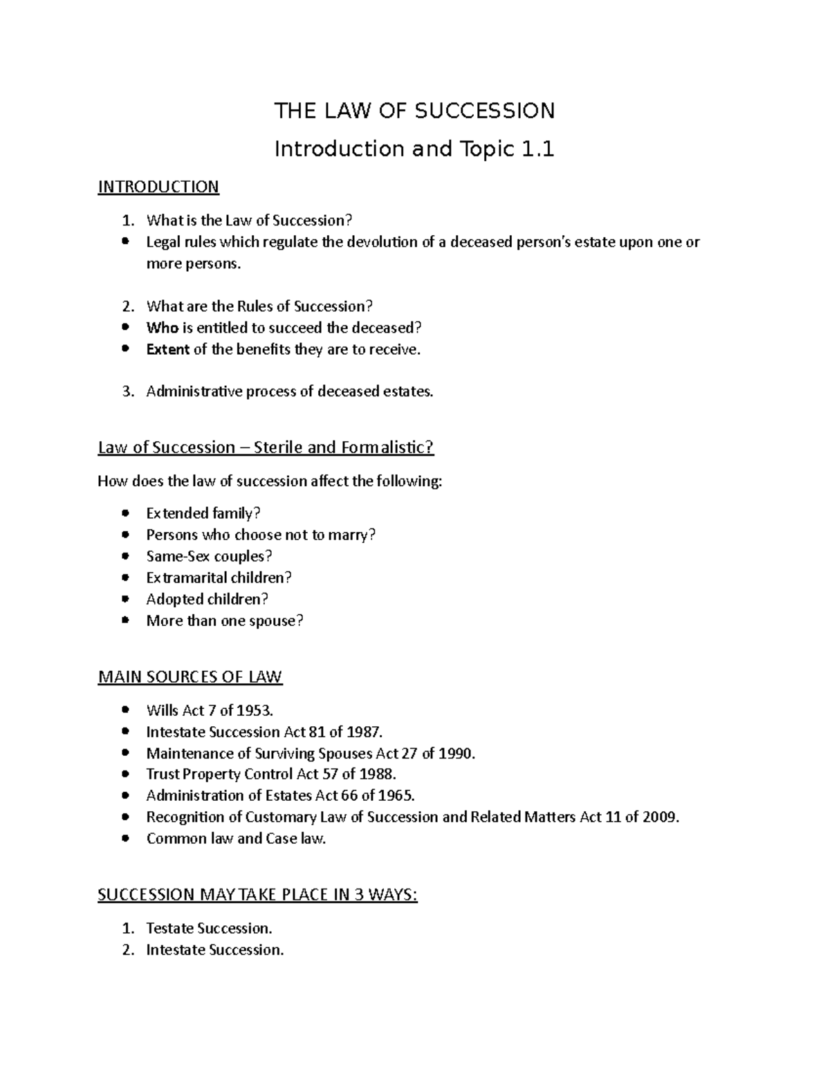 The Law Of Succession Notes Semester 1 The Law Of Succession