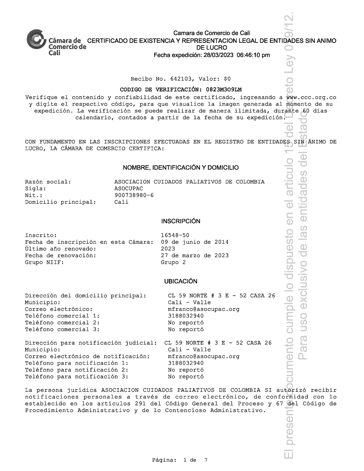 Certificación De Existencia Y Representación Legal 2023 Derecho