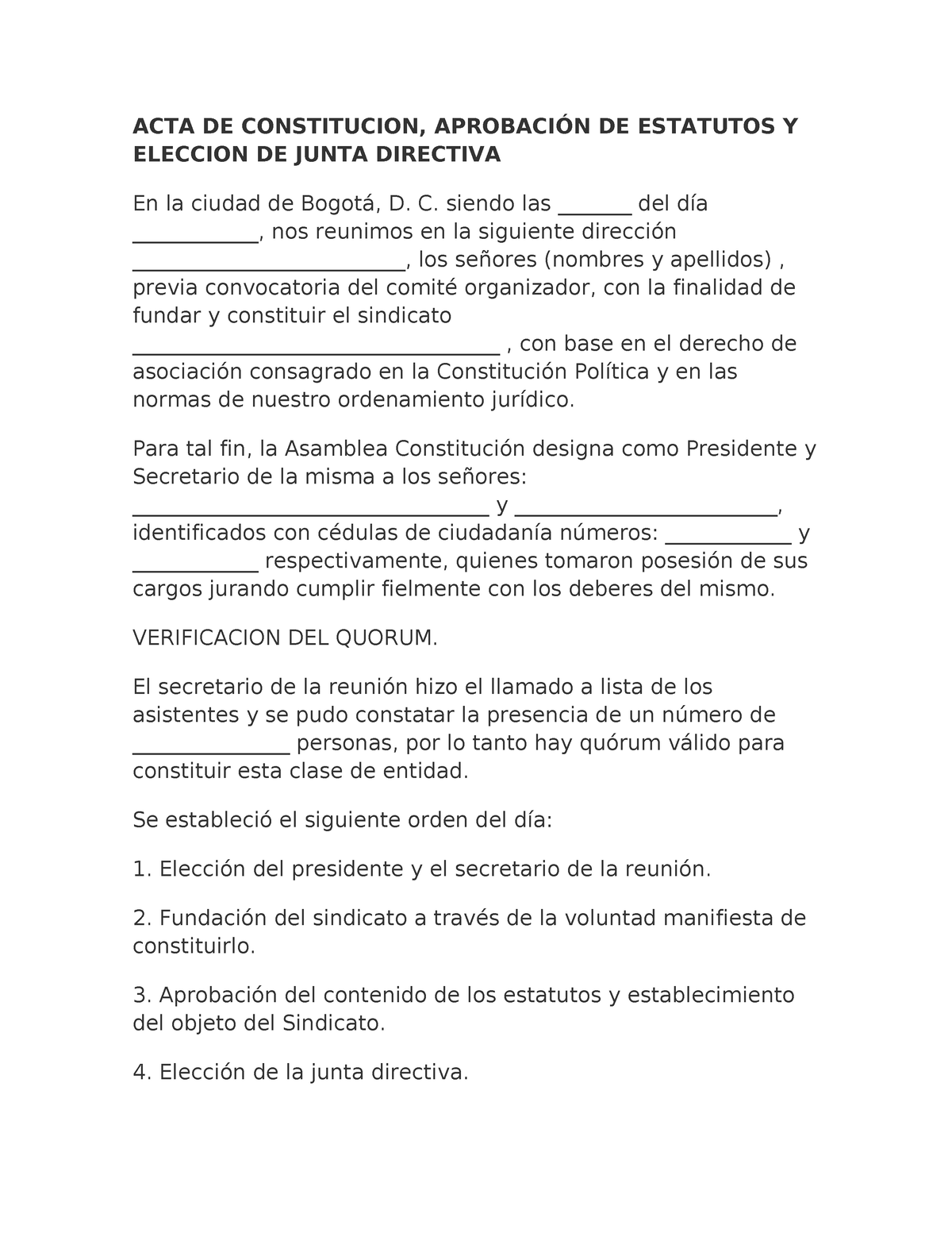 Acta De Constitucion Aprobacion De Estatutos Y Eleccion Junta