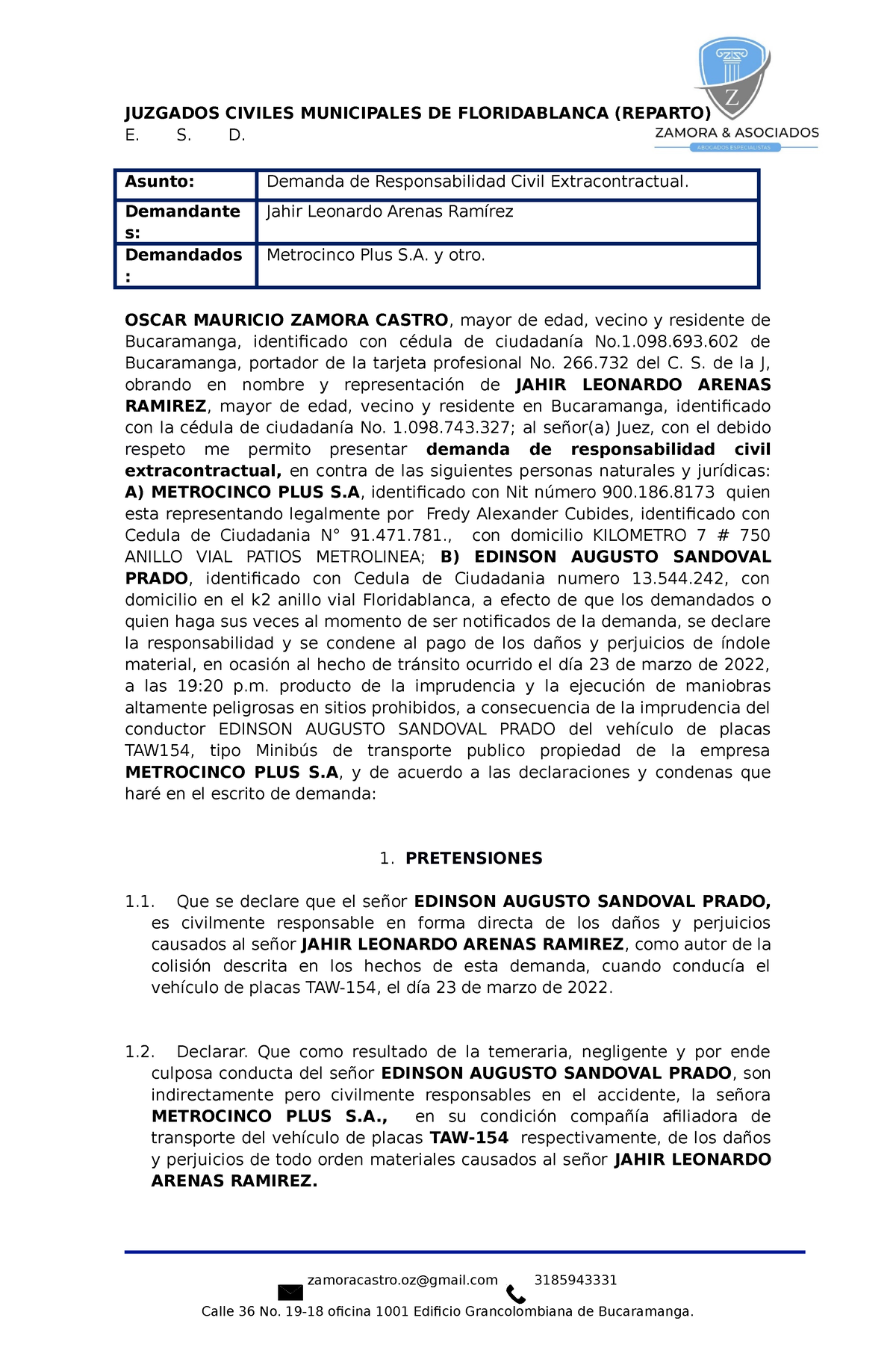 Demanda De Responsabilidad Civil Extracontractual Jahir Leonardo Arenas