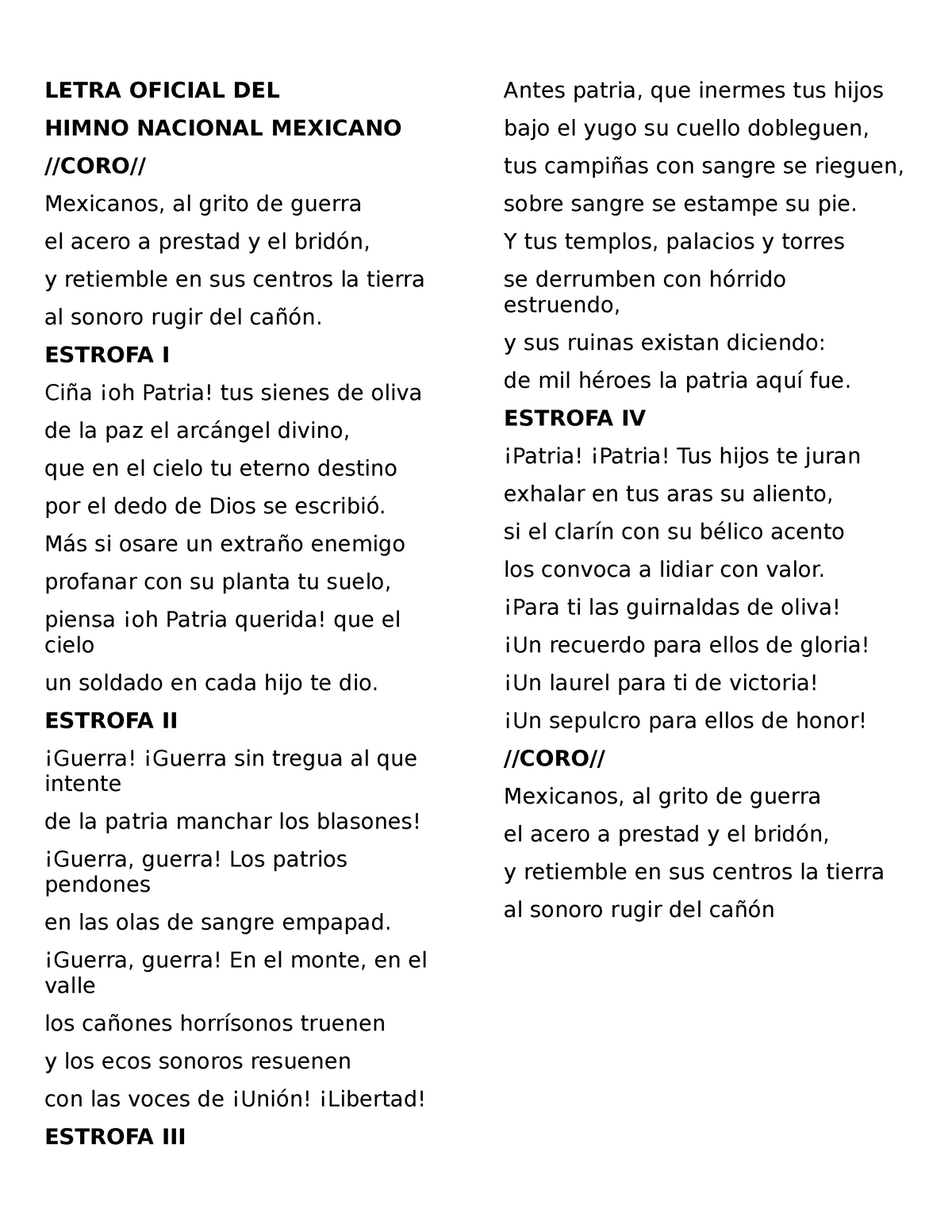 Letra Completa Del Himno Nacional Mexicano Pdf 45 Off