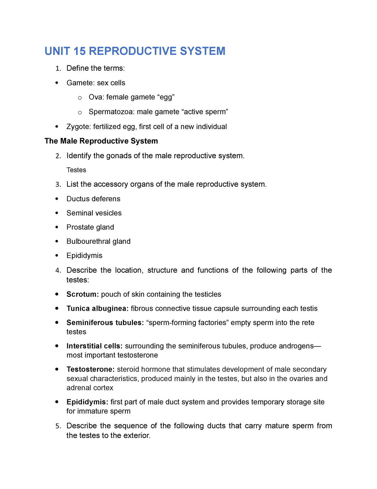 Anat 1052 Unit 14 Notes Unit 15 Reproductive System 1 Define The