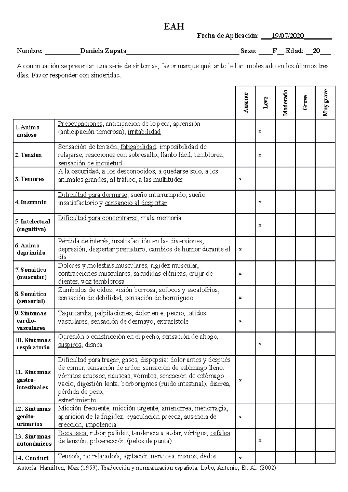 Escala De Ansiedad De Hamilton Instrumento De Práctica Eah Fecha De