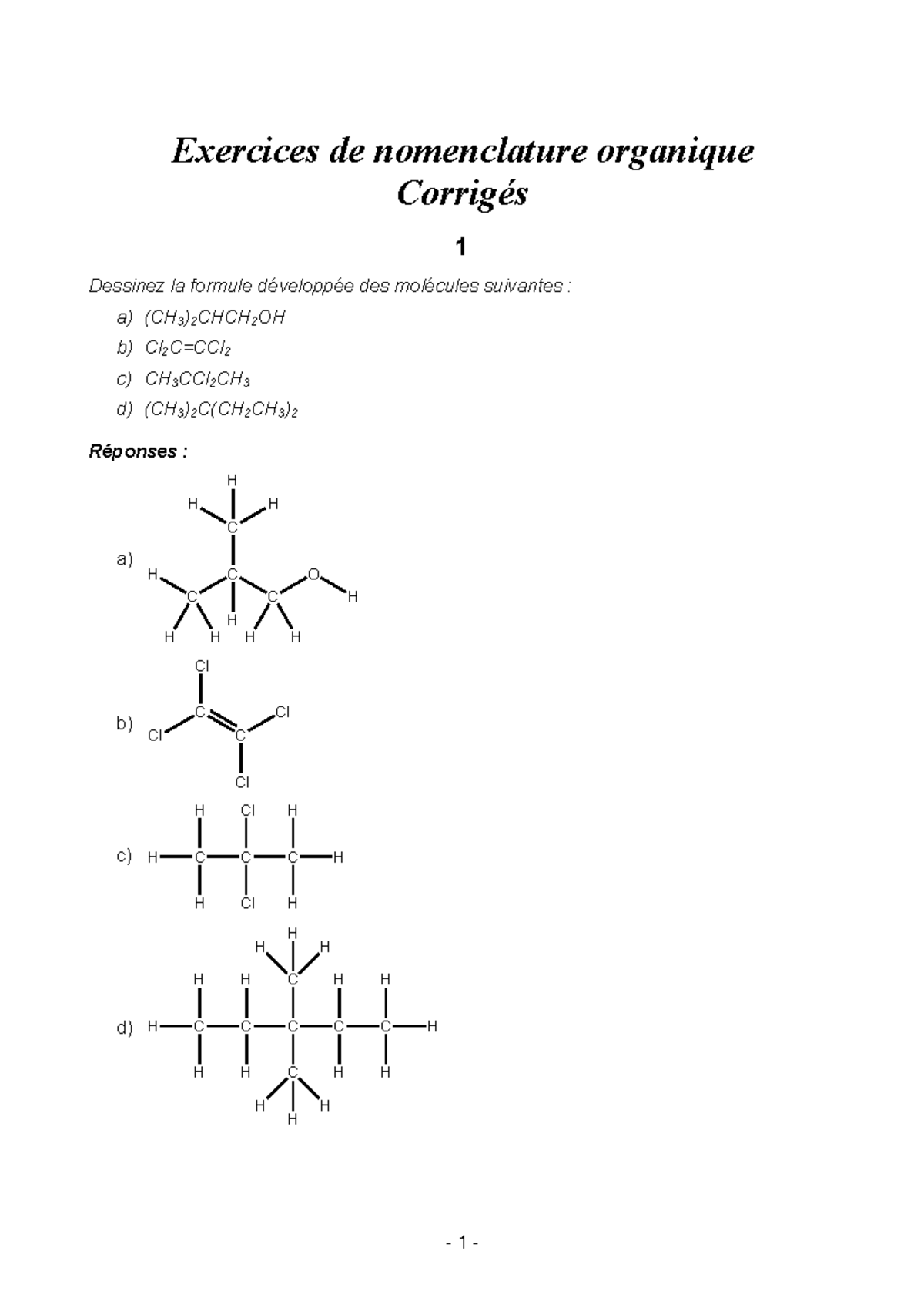 1 Nomenclature Organique Exercices Exercices De Nomenclature