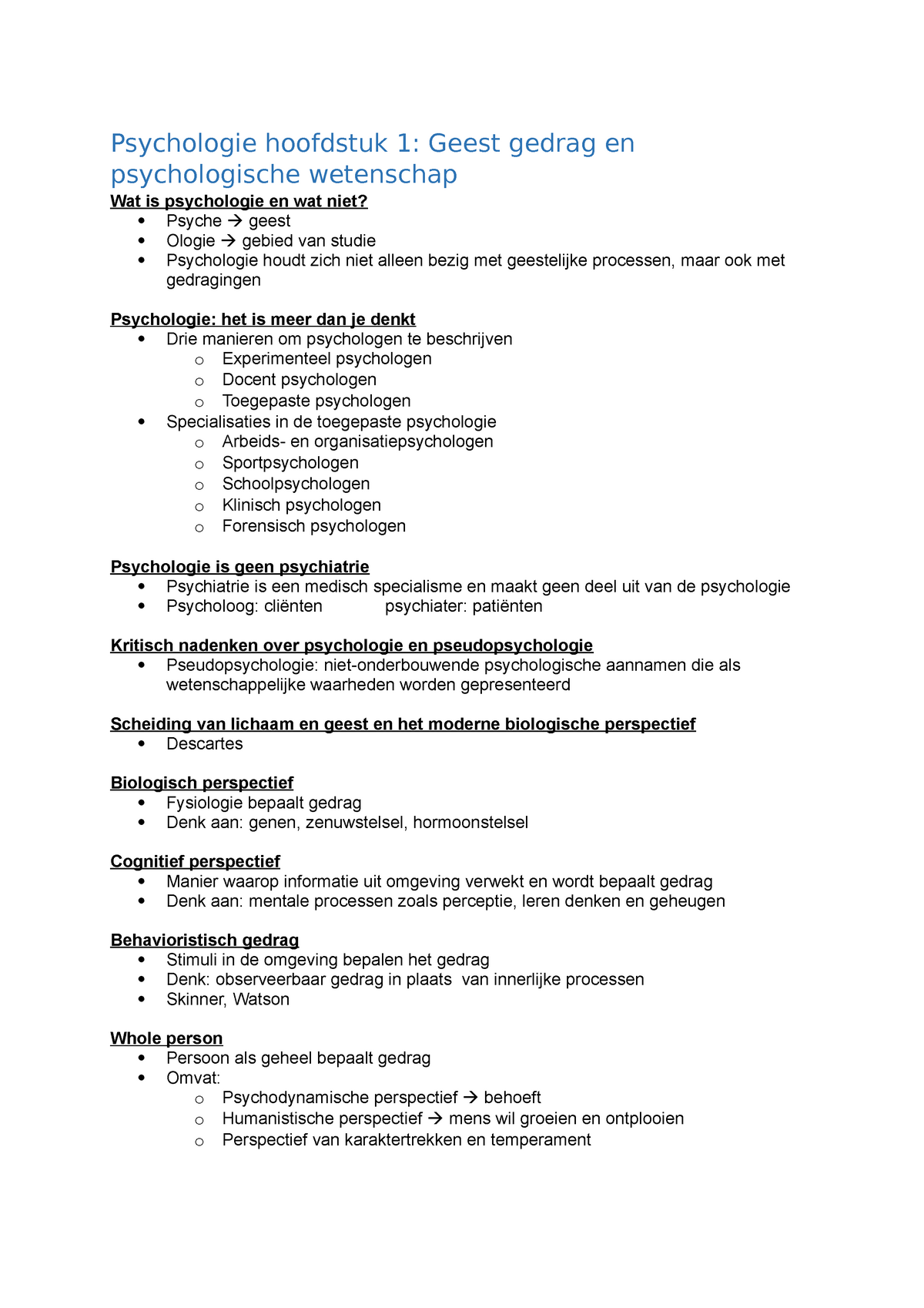 Psychologie Samenvatting Compleet Psychologie Hoofdstuk 1 Geest