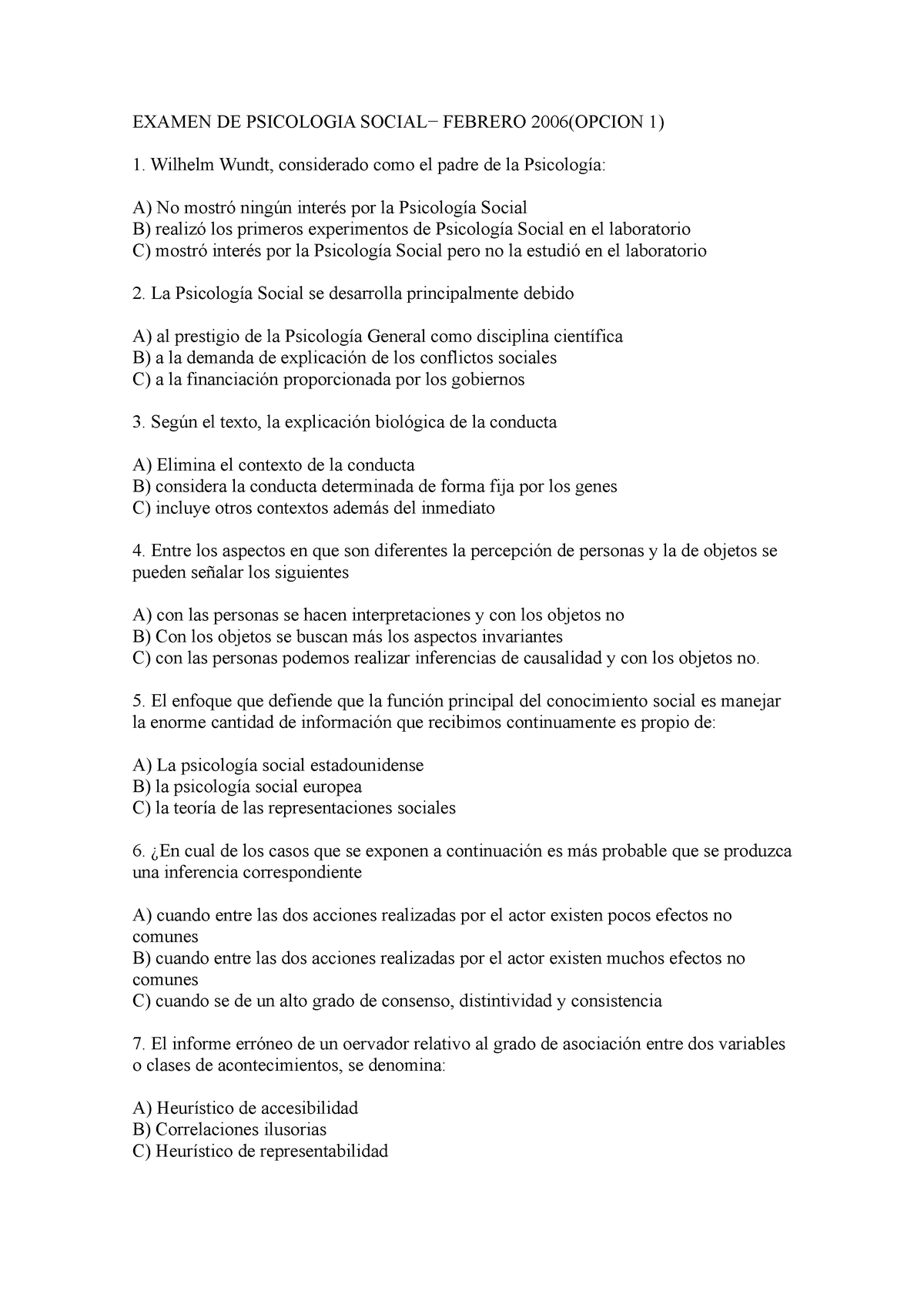 Preguntas De Examen Febrero 2006 Examen De Psicologia Social− Febrero