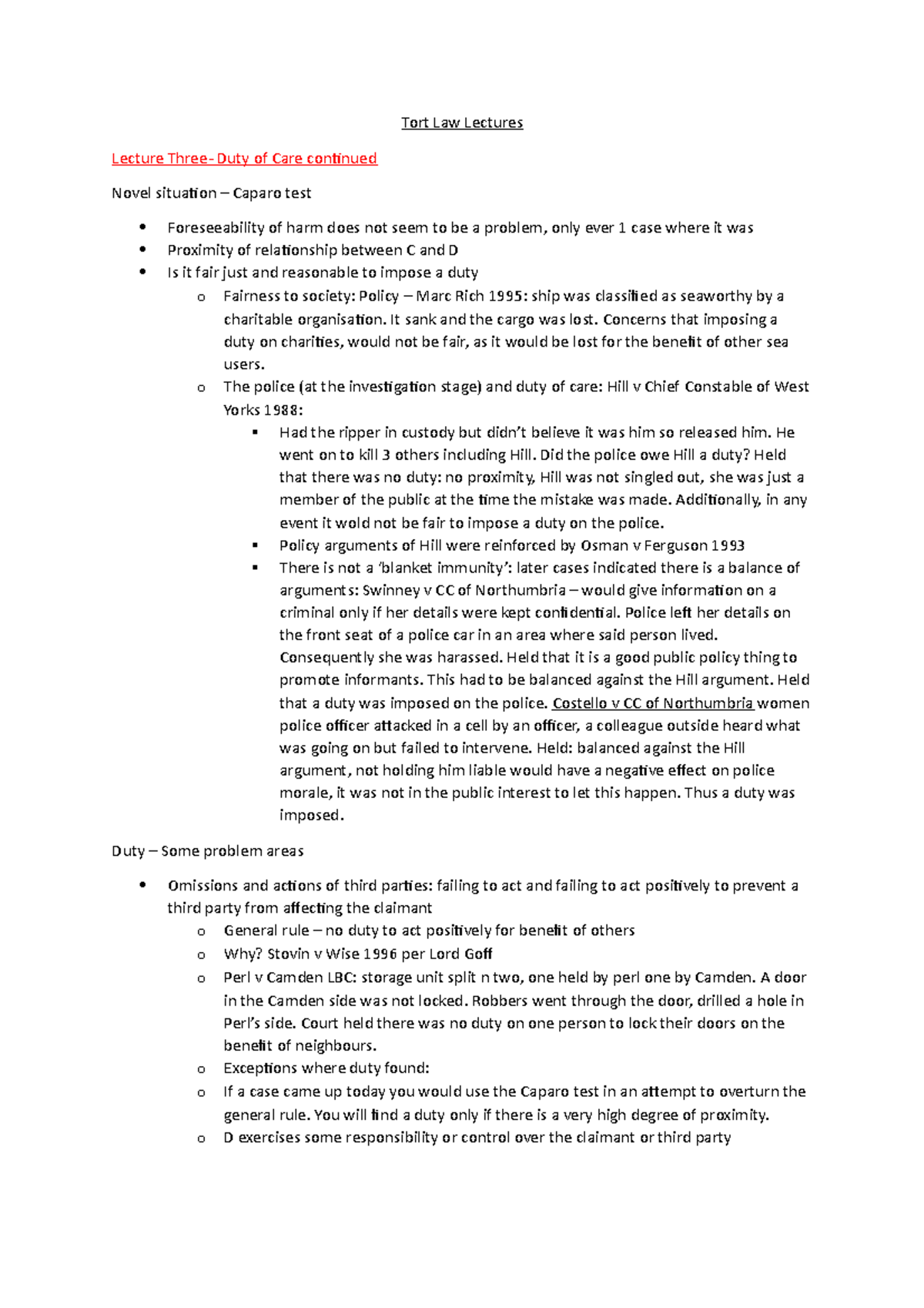 Law Of Tort I Lecture Notes Tort Law Lectures Lecture Three Duty Of