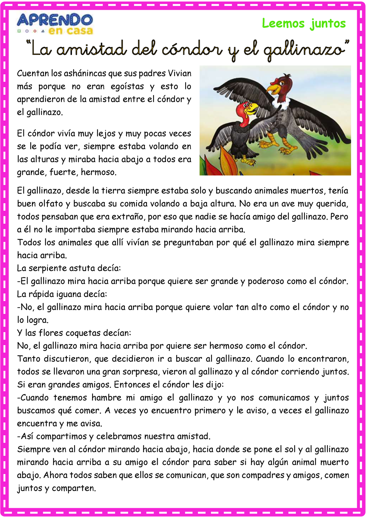 La Amistad Del Cóndor Y El Gallinazo Leemos Juntos Cuentan Los