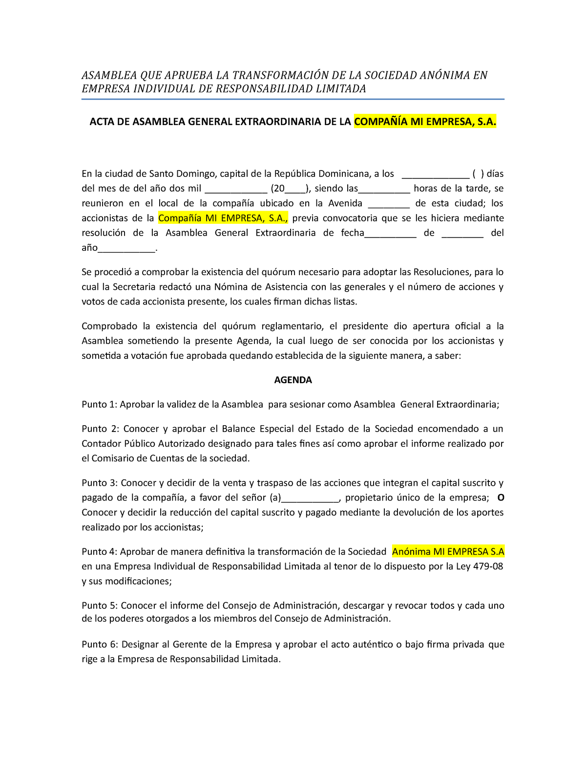 Modelo Acta De Asamblea De Transformación De Sa A Eirl Asamblea Que