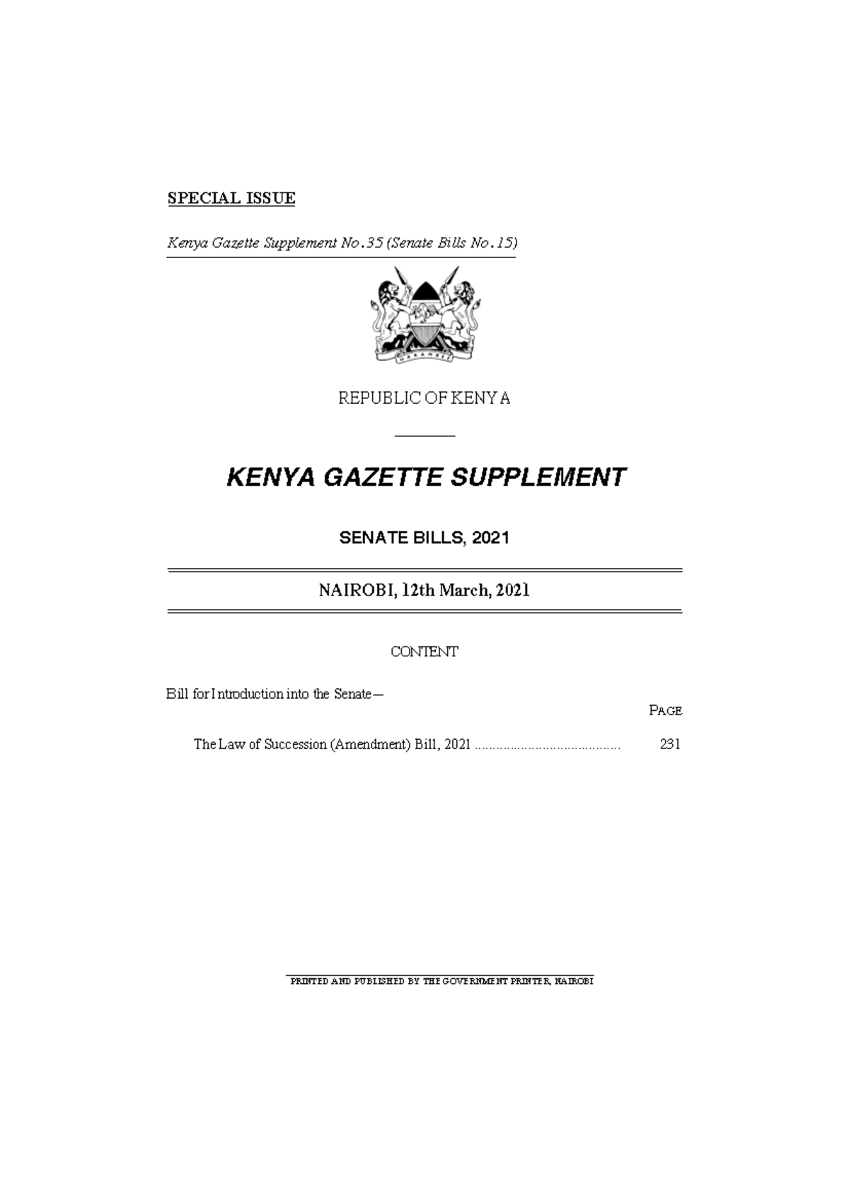 Law Of Succession Amendment Bill No 15 Of 2021 Special Issue Kenya