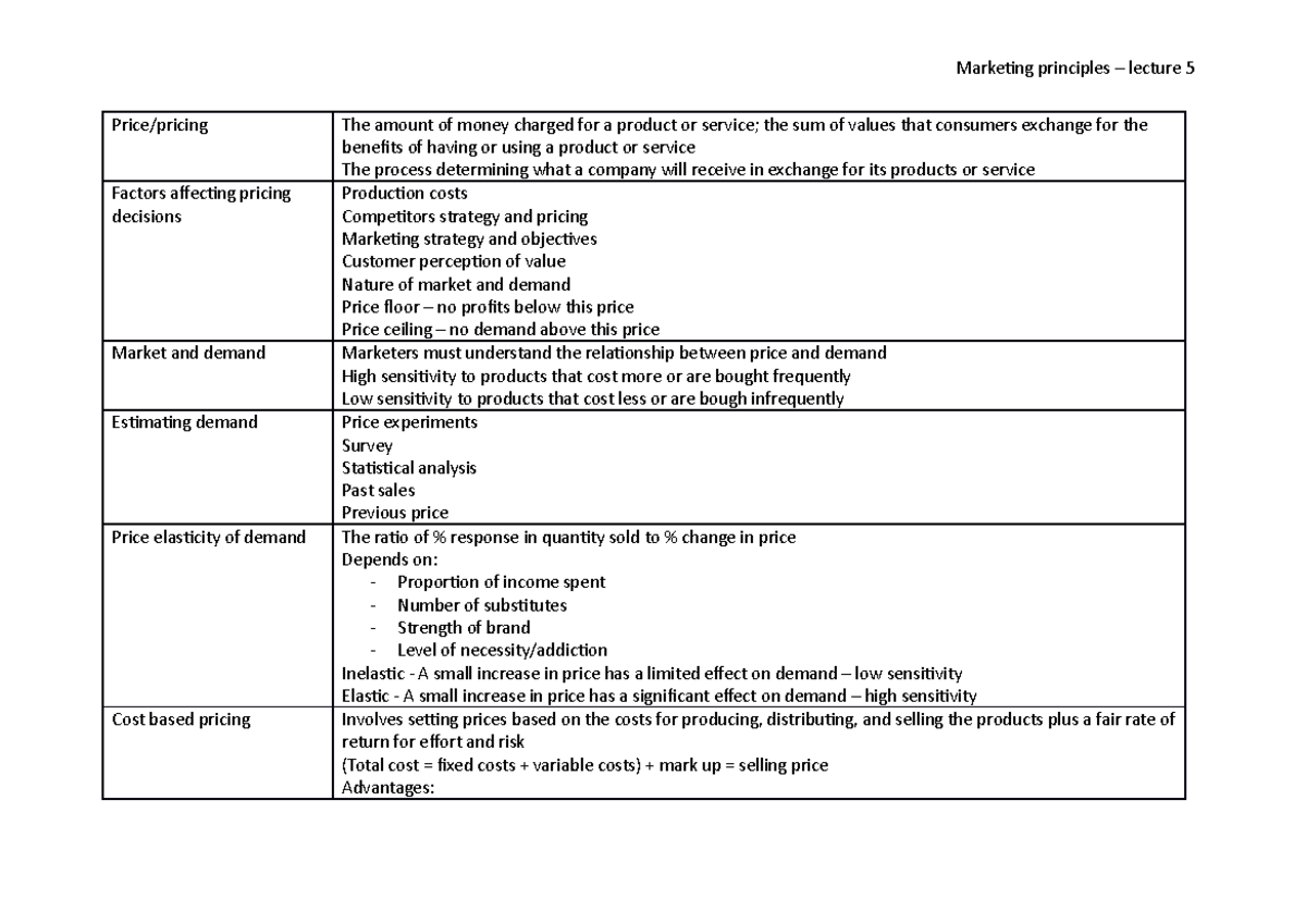 Marketing Lecture 5 Week 5 Revision Notes Marketing Principles