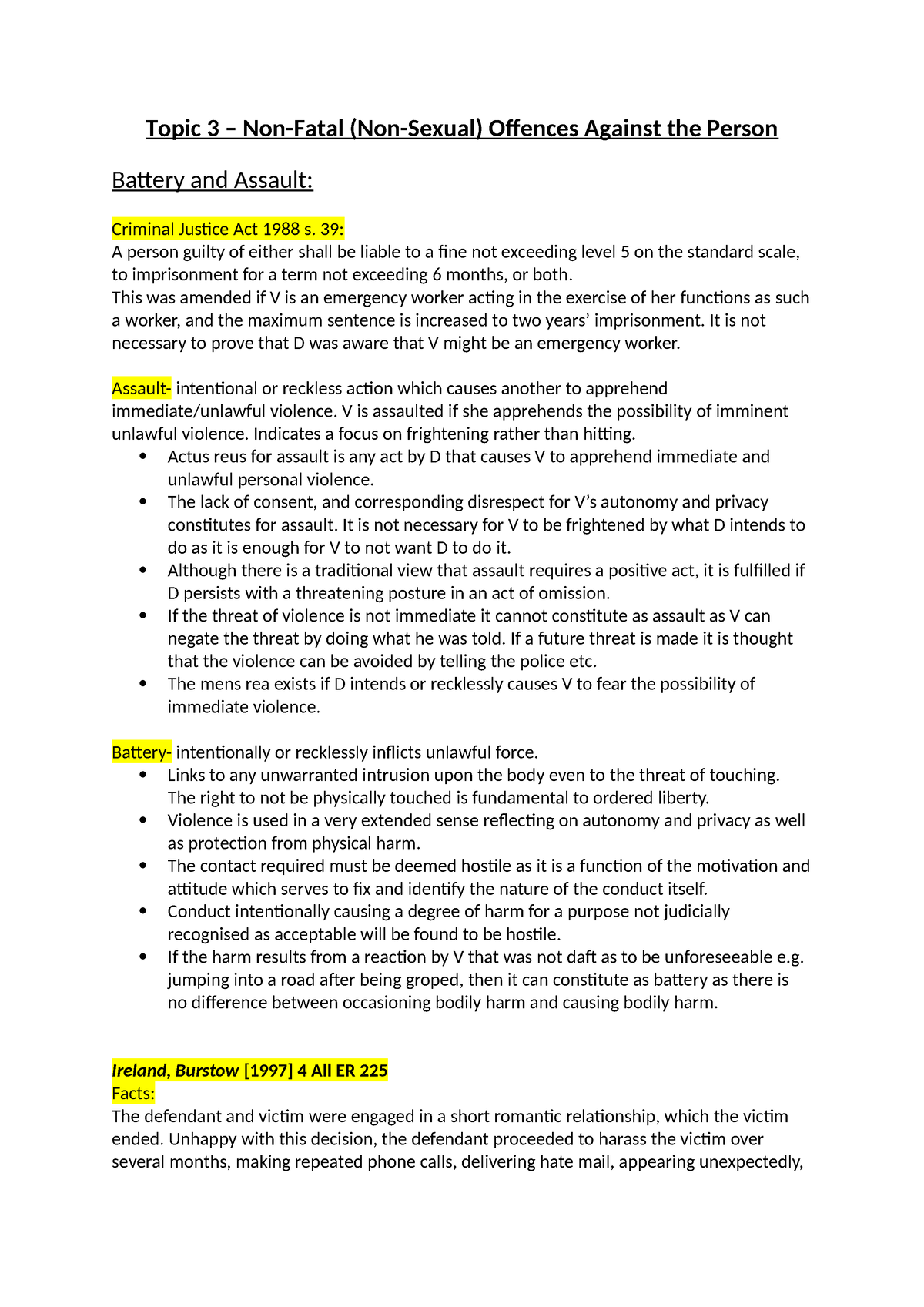 Offences Against Person Notes Topic 3 Non Fatal Non Sexual