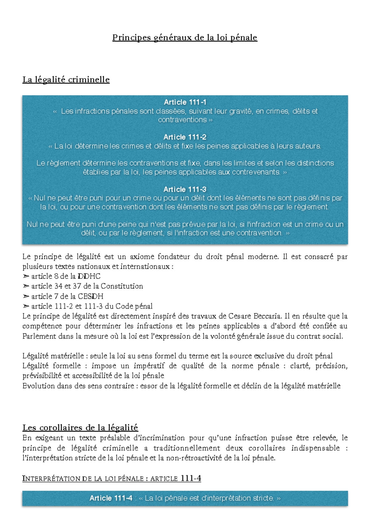 Fiches De Droit Pénal Principes Généraux De La Loi Pénale La Légalité