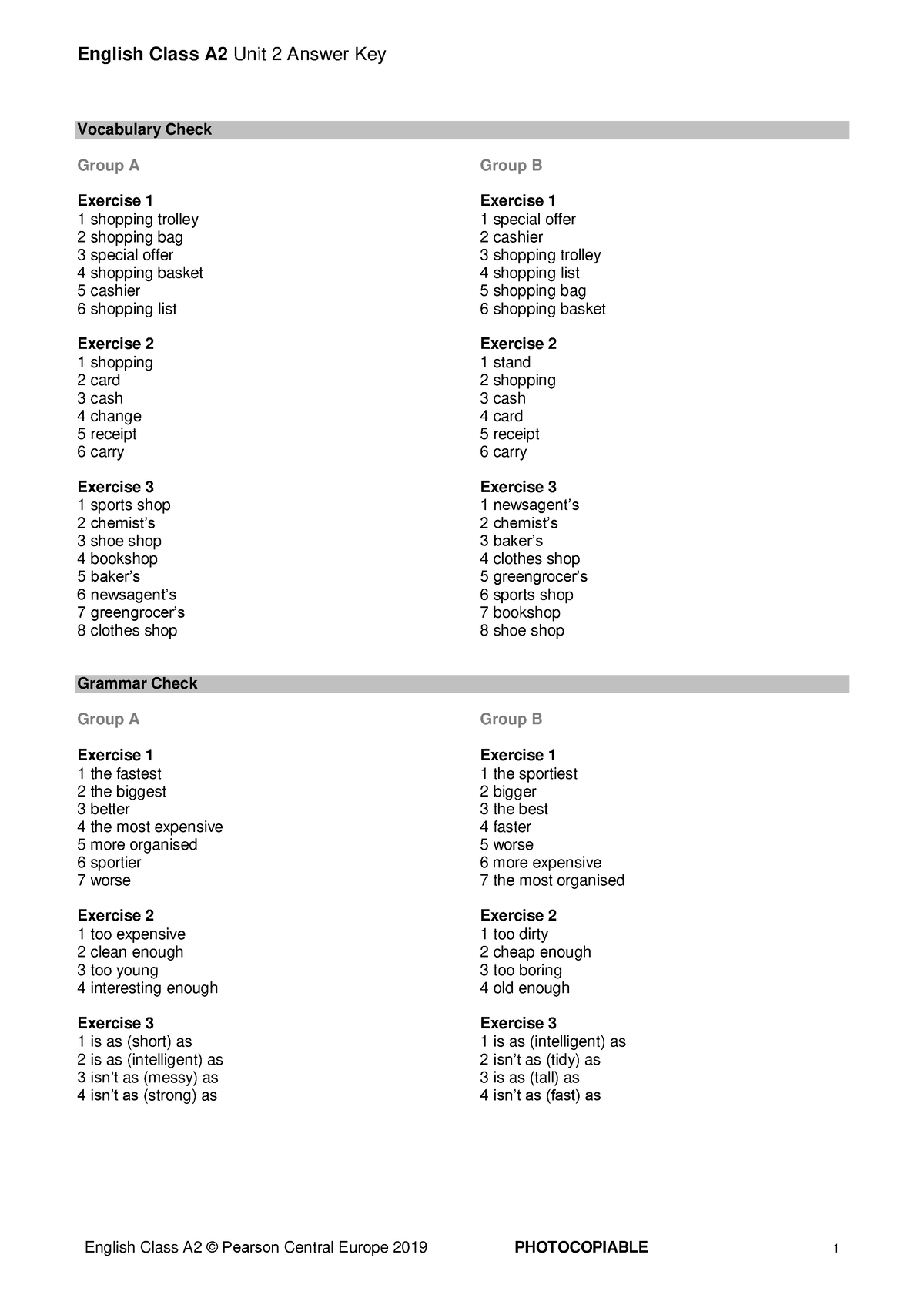 Ec A2 Tests Unit 2 Answer Key And Script English Class A2 Unit 2