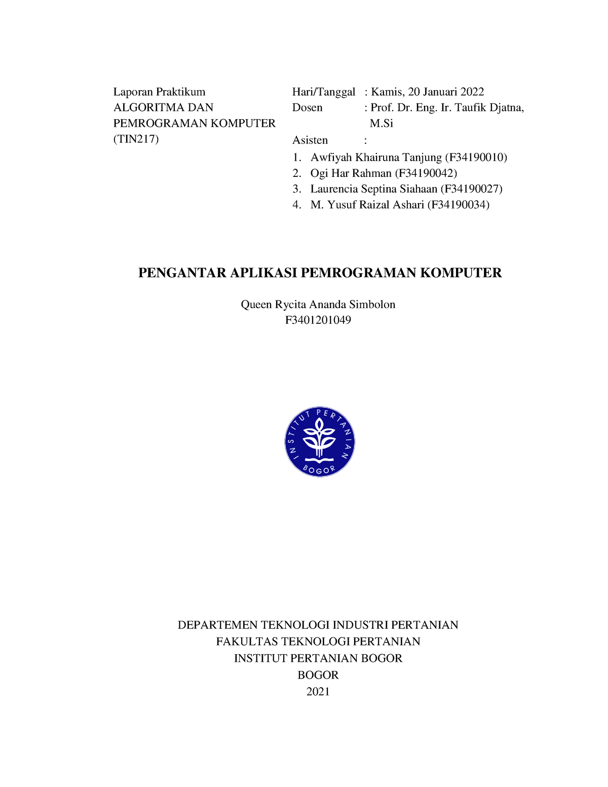 Laporan Prak Bab 1 Laporan Praktikum Haritanggal Kamis 20 Januari