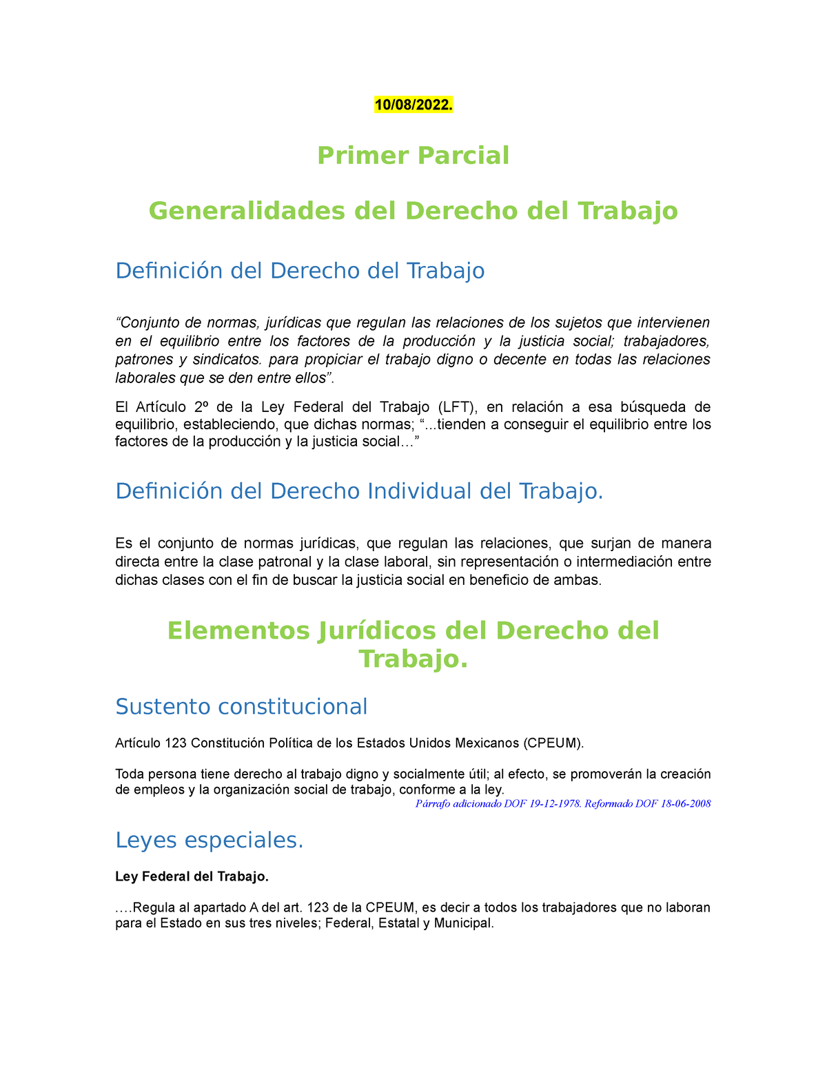 Derecho Del Trabajo 1 10082022 Primer Parcial Generalidades Del