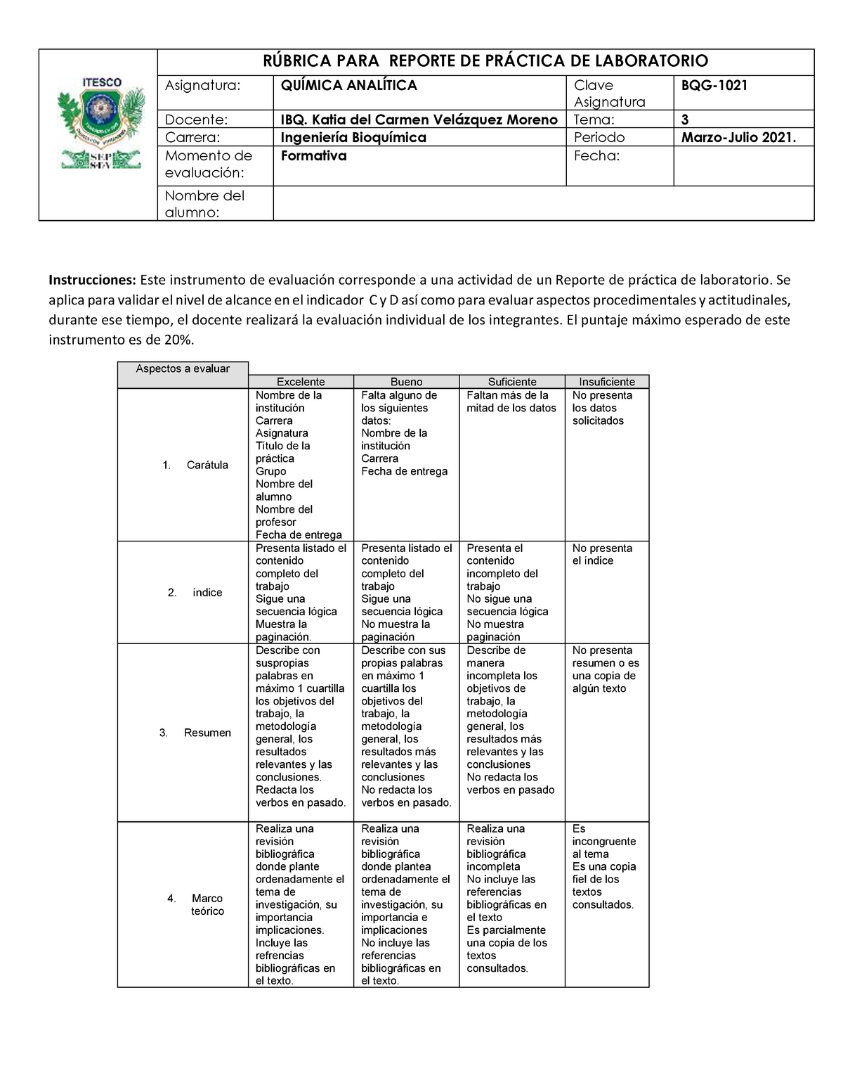 Rúbricas De Reporte De Práctica De Laboratorio T3 RÚbrica Para