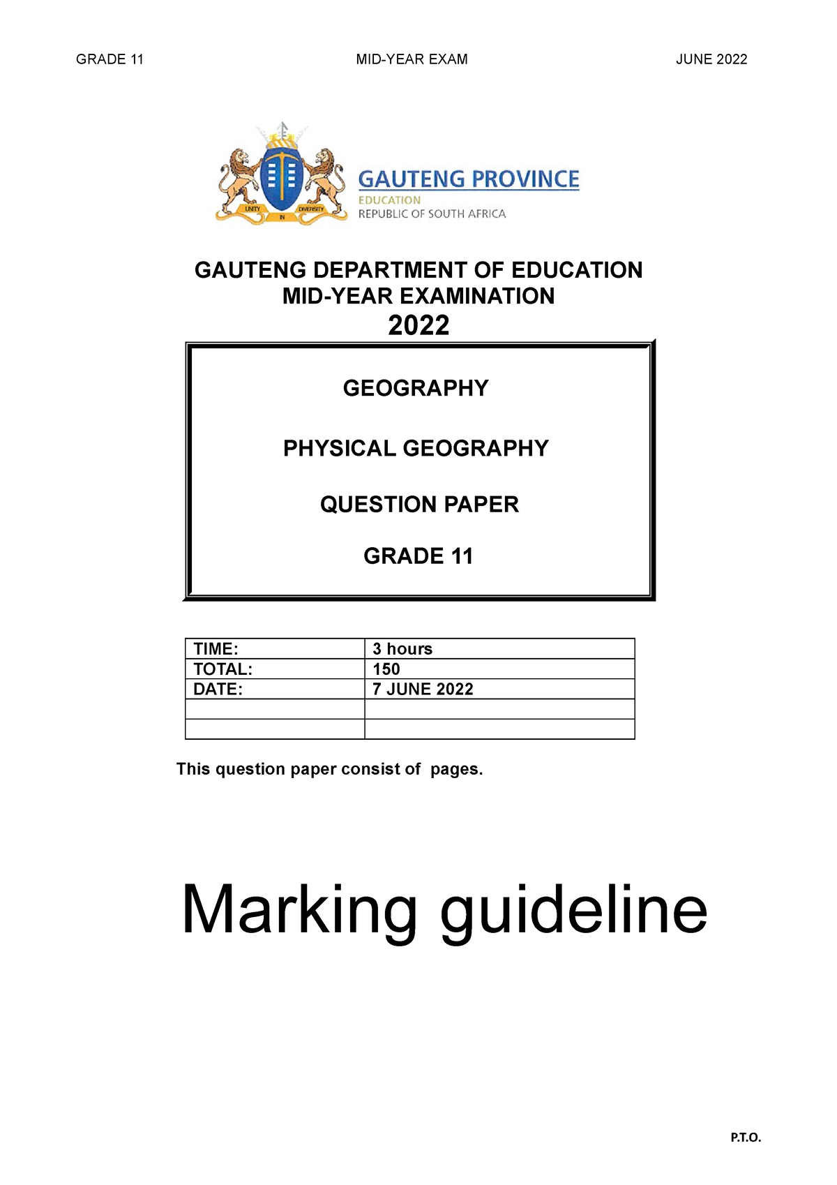 2022 Mid Year Exam Gr 11 Question Paper Marking Guideline Gauteng