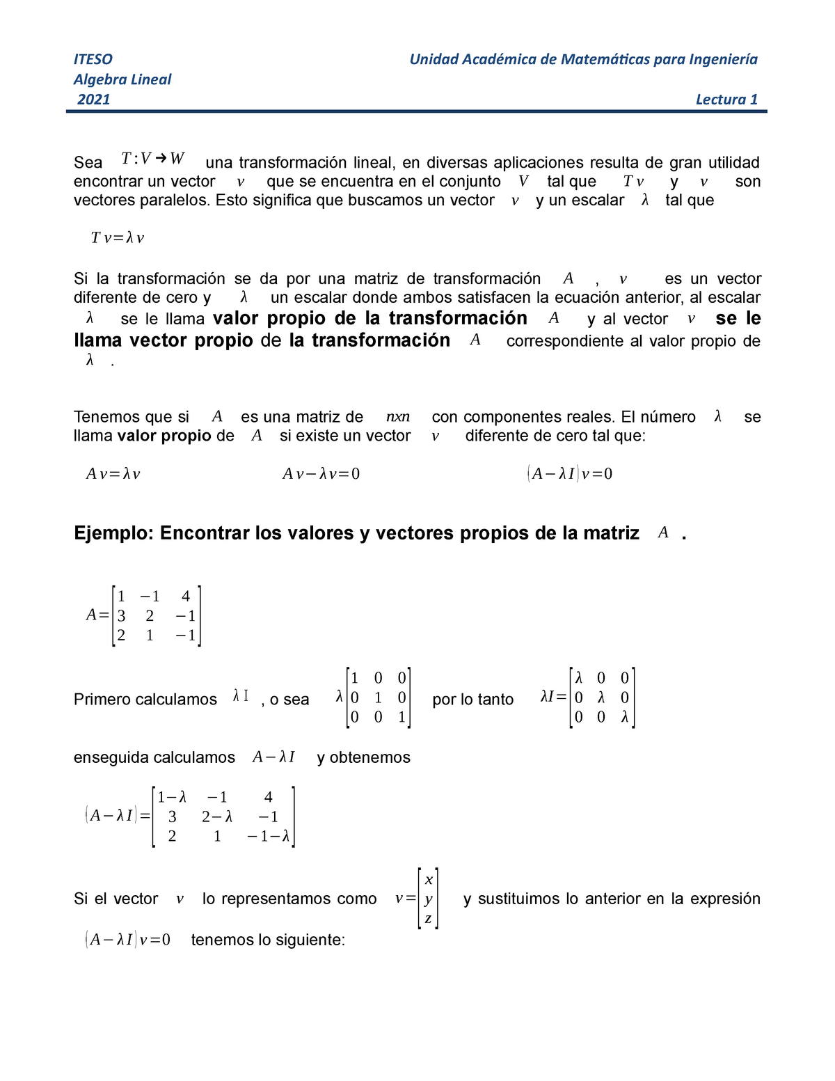 A Lectura 1 Ejemplo Vectores Propios álgebra Lineal Algebra Lineal