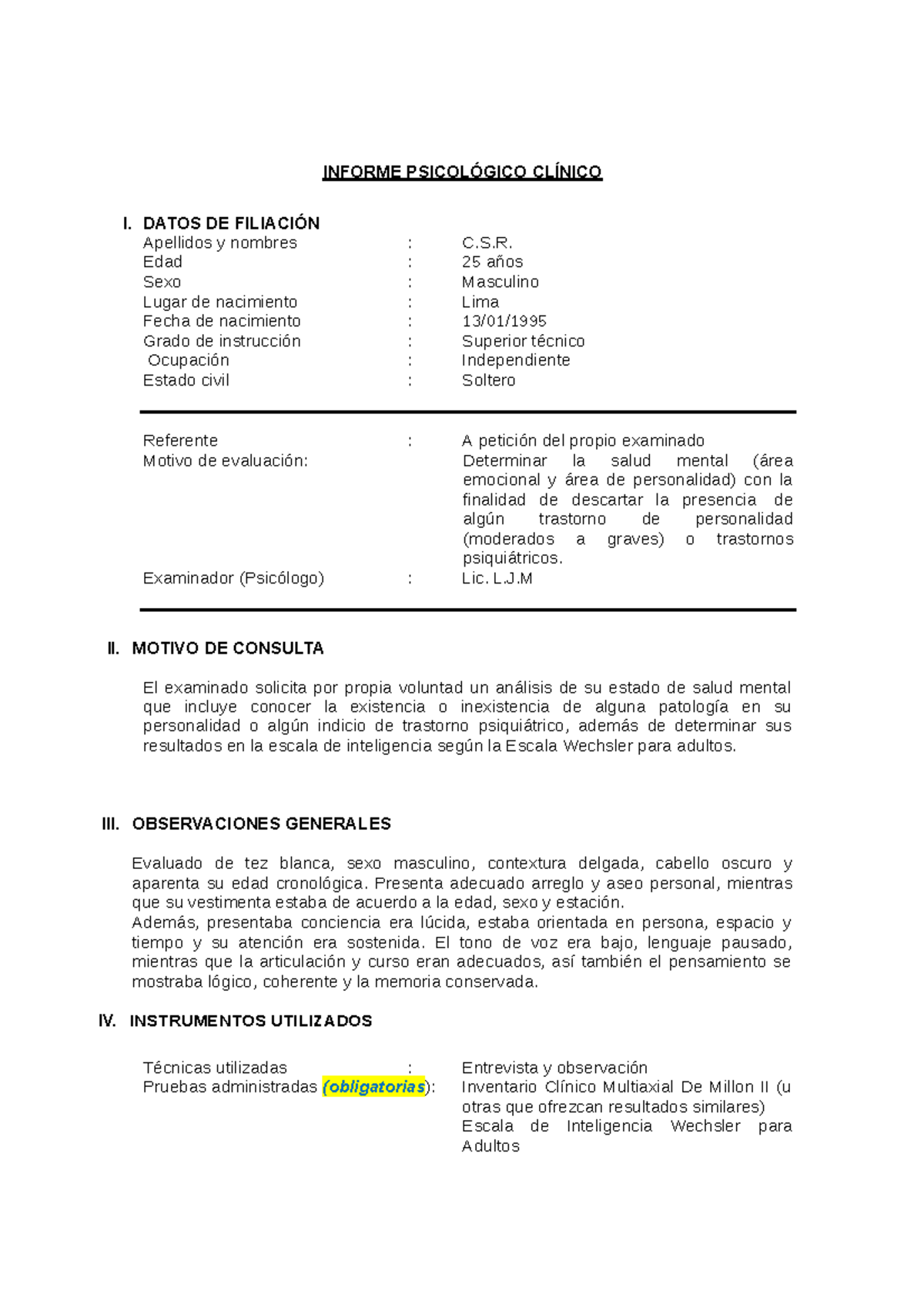 Modelo 3 Informe Psicologico Informe PsicolÓgico ClÍnico I Datos De