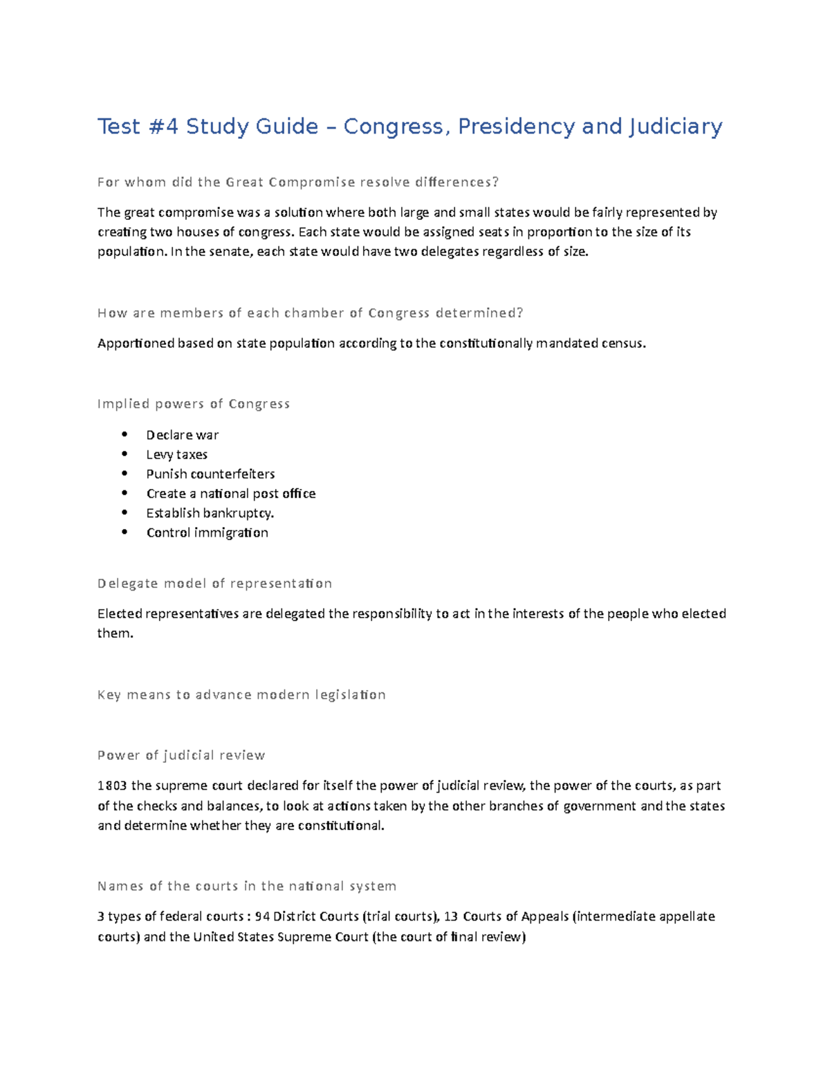 Test4 Study Guide Congress Presidency And Judiciary Test 4 Study