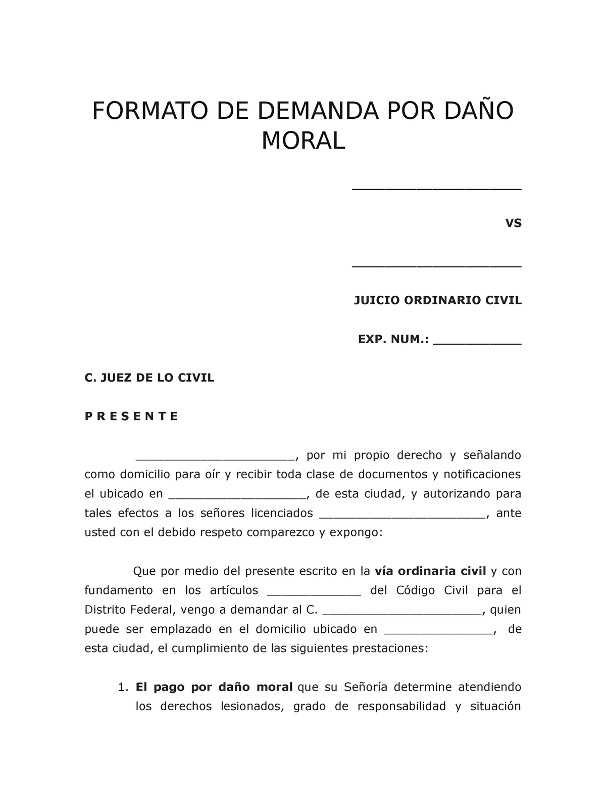 Formato Daño Moral Anahuac Formato De Demanda Por DaÑo Moral