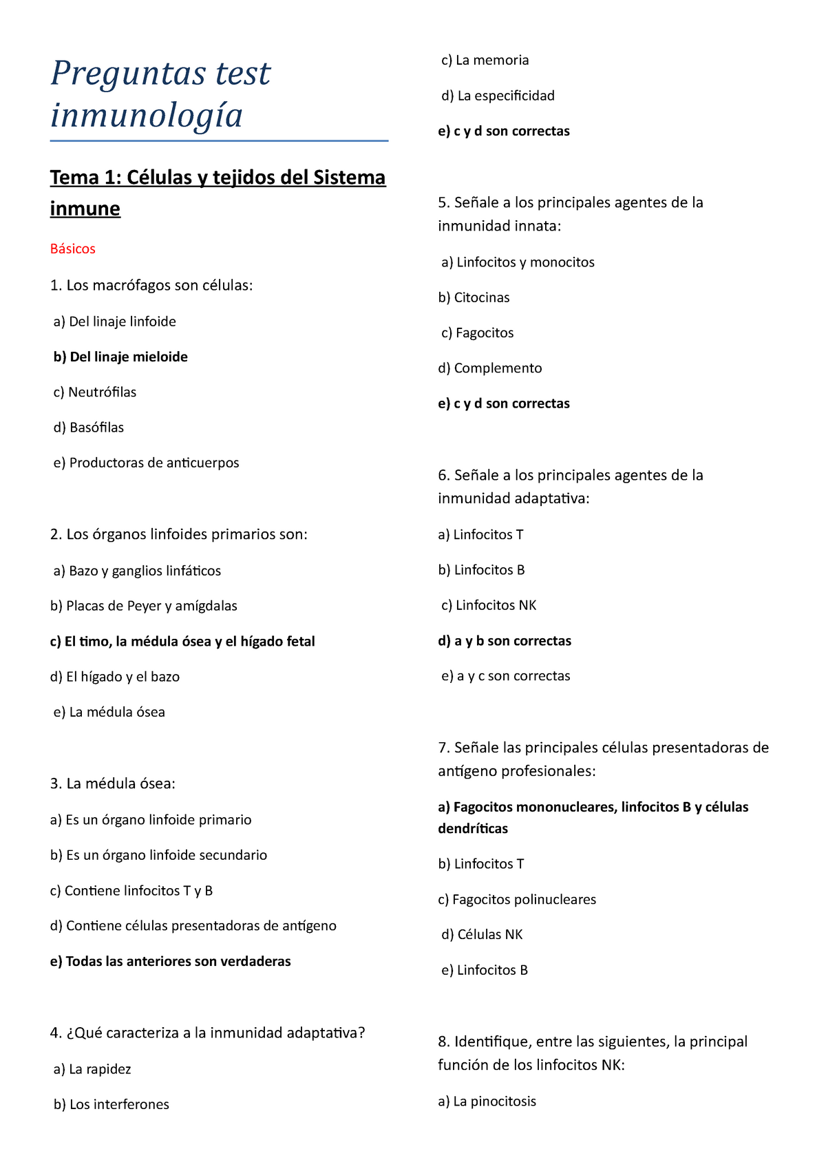 Preguntas Test Inmunología Preguntas Test Inmunología Tema 1 Células