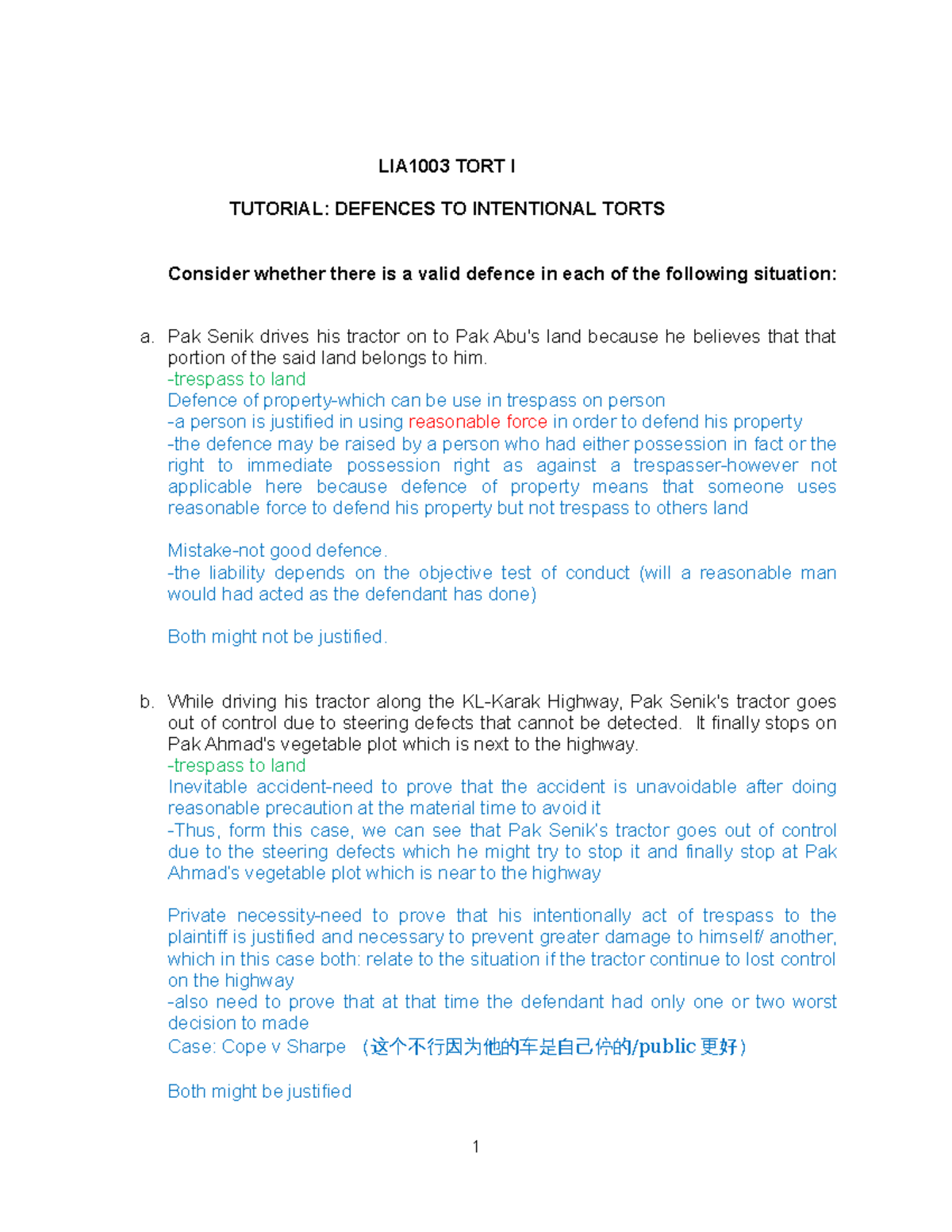 Tutorial Defences To Intentional Torts Lia1003 Tort I Tutorial