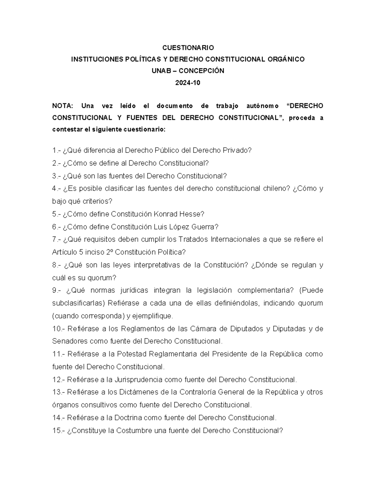 Cuestionario Derecho Constitucional Y Fuentes Del Derecho