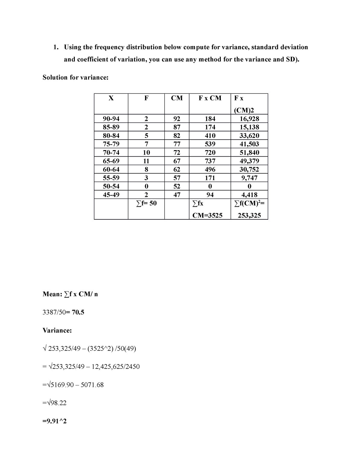 Variance Standard Deviation And Coefficient Of Variation Solution