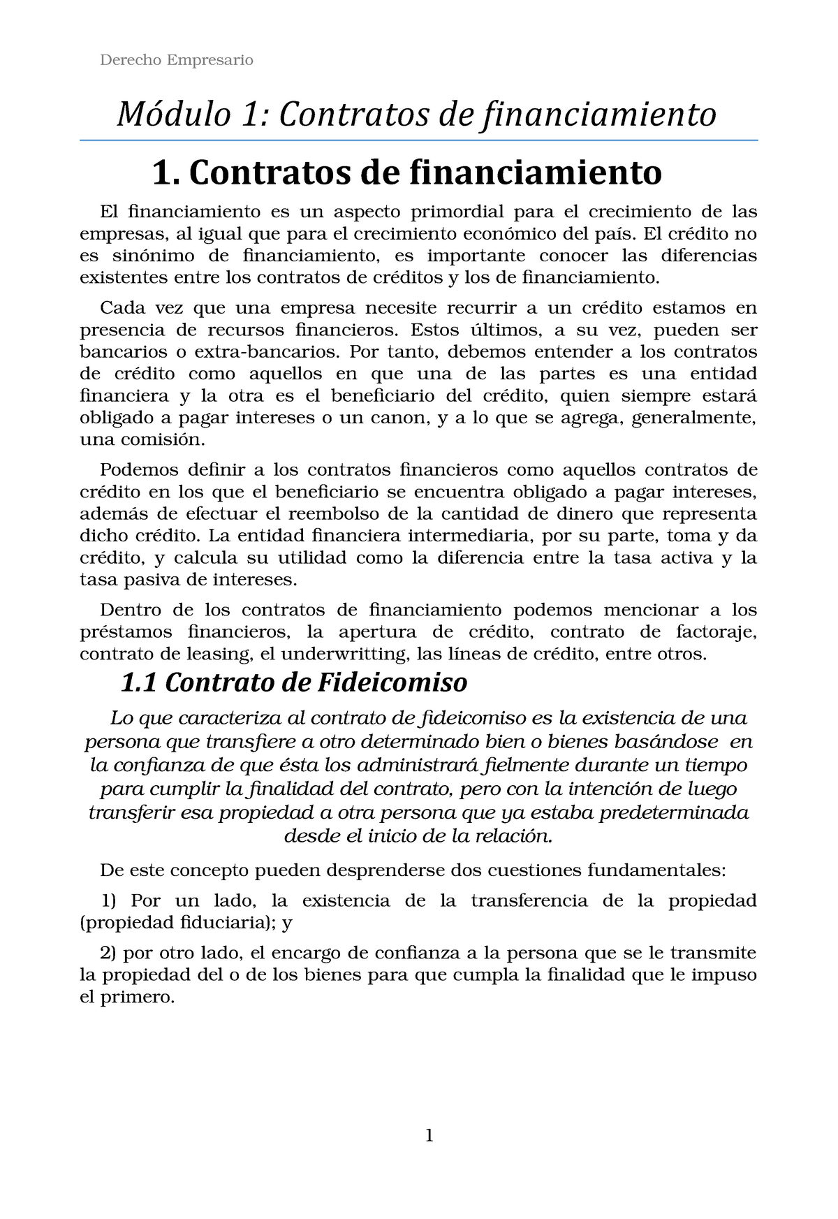 Resumen De Derecho Empresario Módulo 1 Contratos De Financiamiento 1