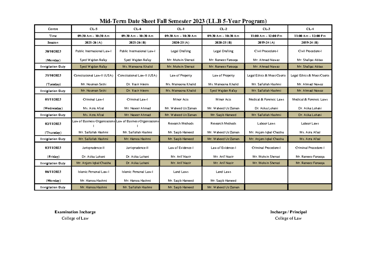 Mid Term Date Sheet Fall 2023 19 24 20 25 21 26 Centre Cl Cl Cl