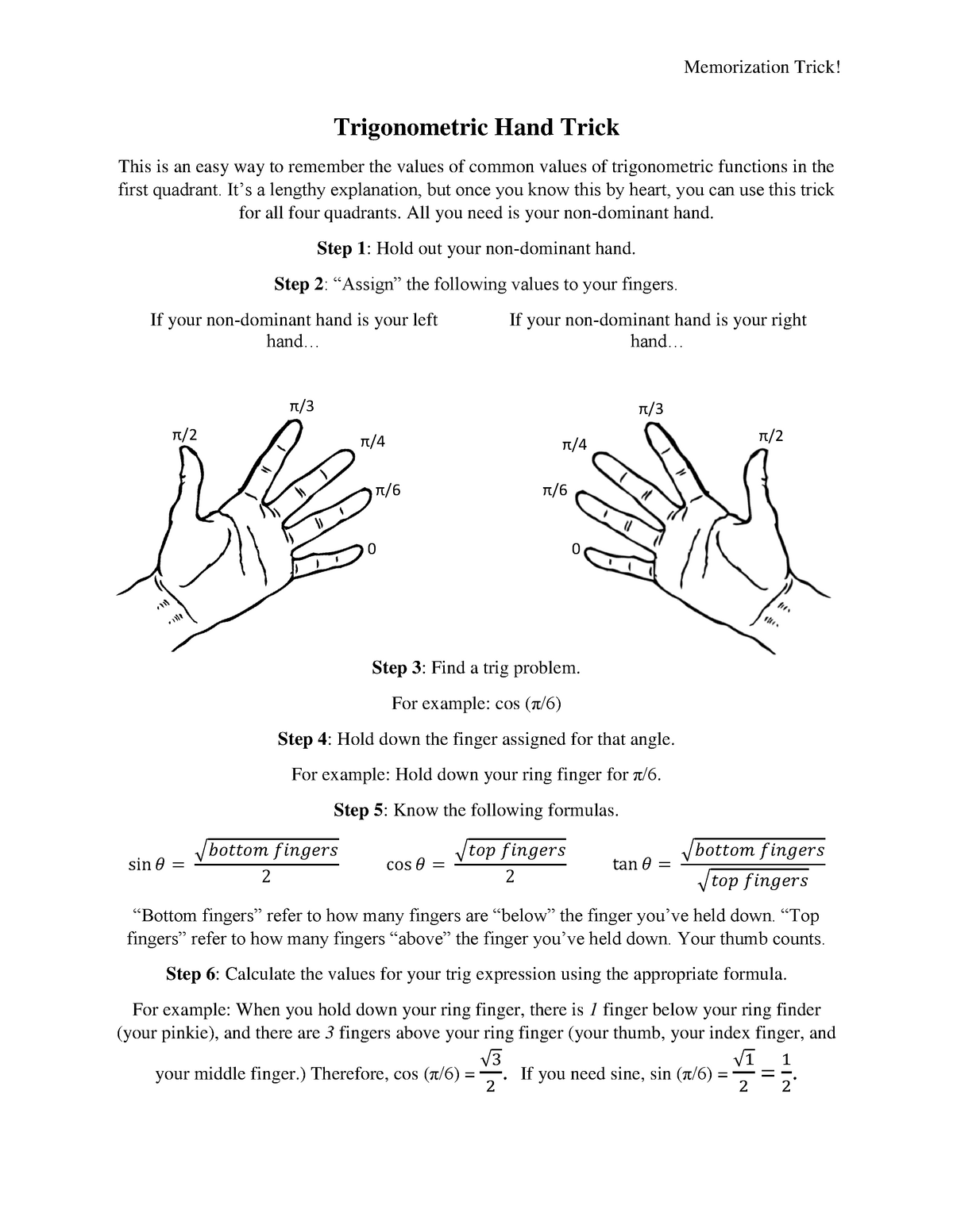 Trigonometry Hand Trick Memorization Trick Trigonometric Hand Trick