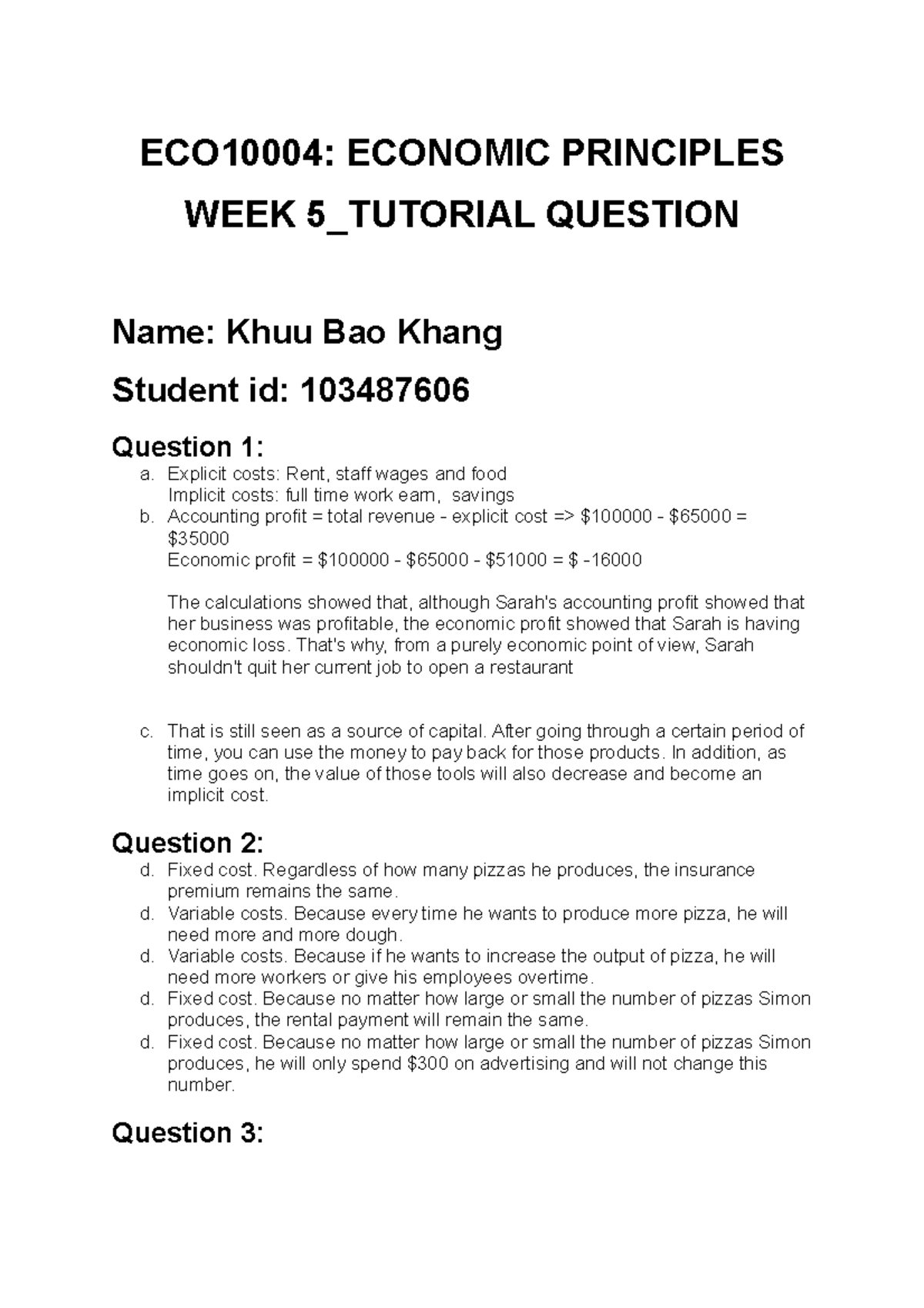 Eco10004 Tutorial Homawork Week 5 Eco10004 Economic Principles Week