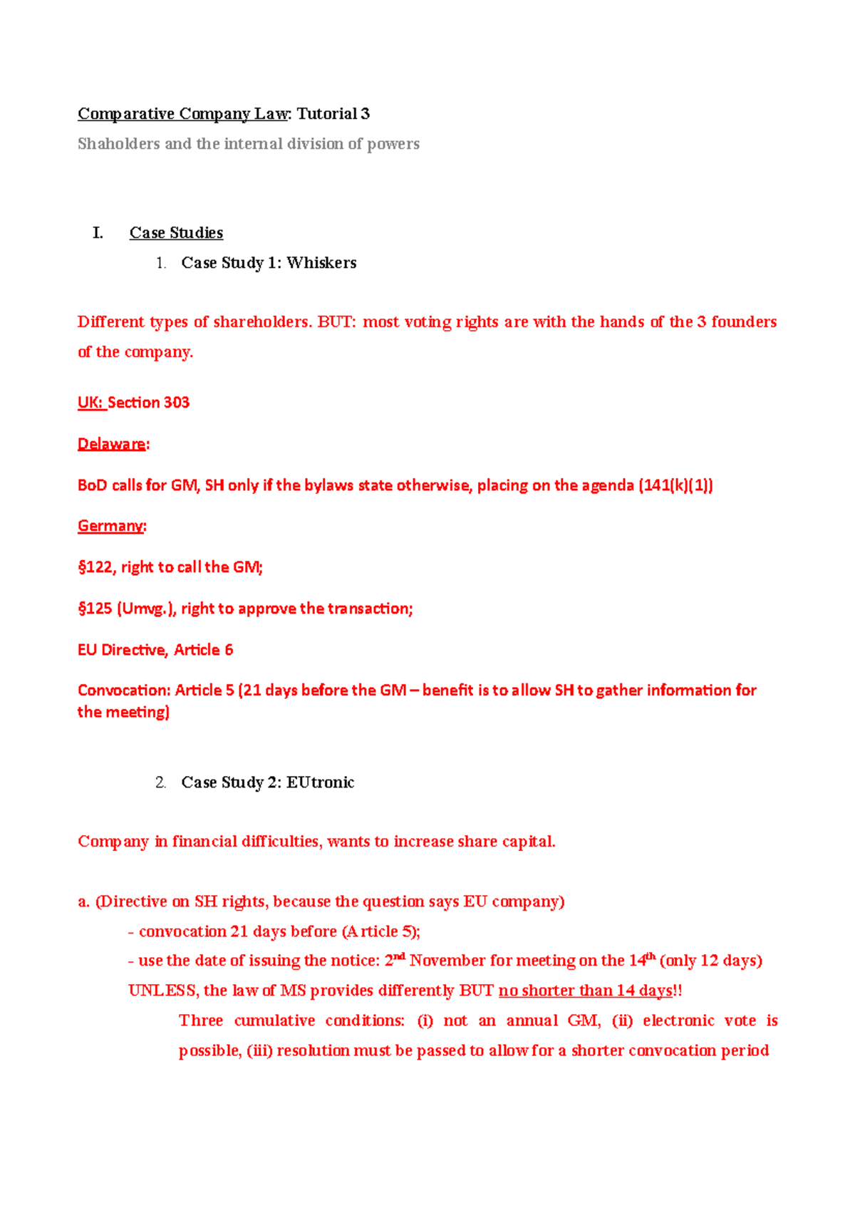 Tutorial 3 Comparative Company Law Comparative Company Law