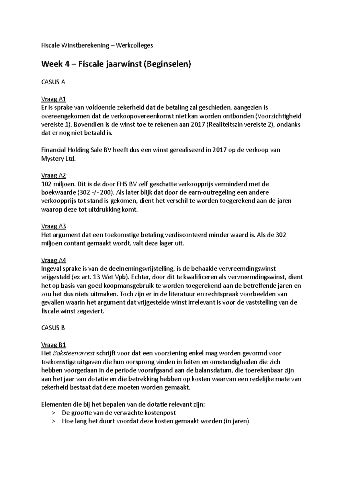 Fiscale Winstberekening Werkcollege 4 Fiscale Winstberekening