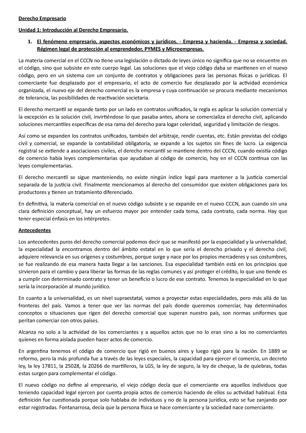 Resumen Unidad 1 Empresario Derecho Empresario Unidad 1 Introducción