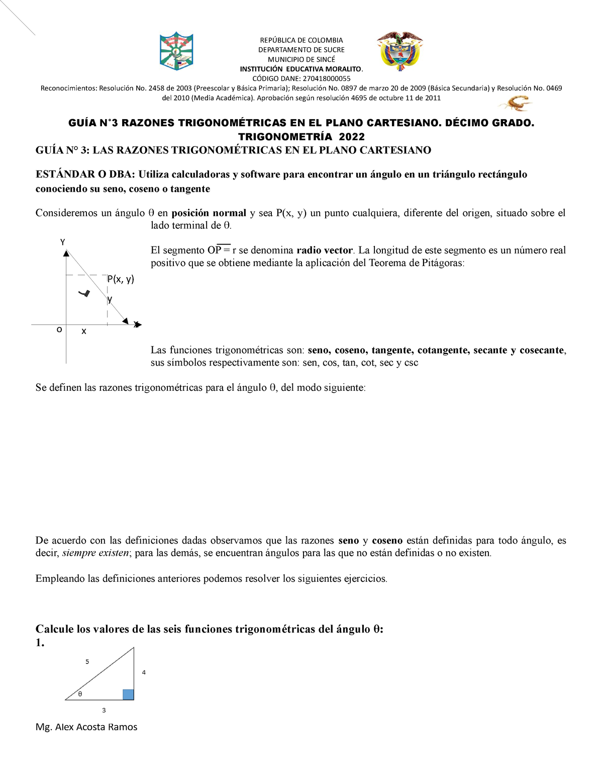 GuÍa N° 3 Razones Trigonométricas En El Plano Cartesiano X Y X Y Px