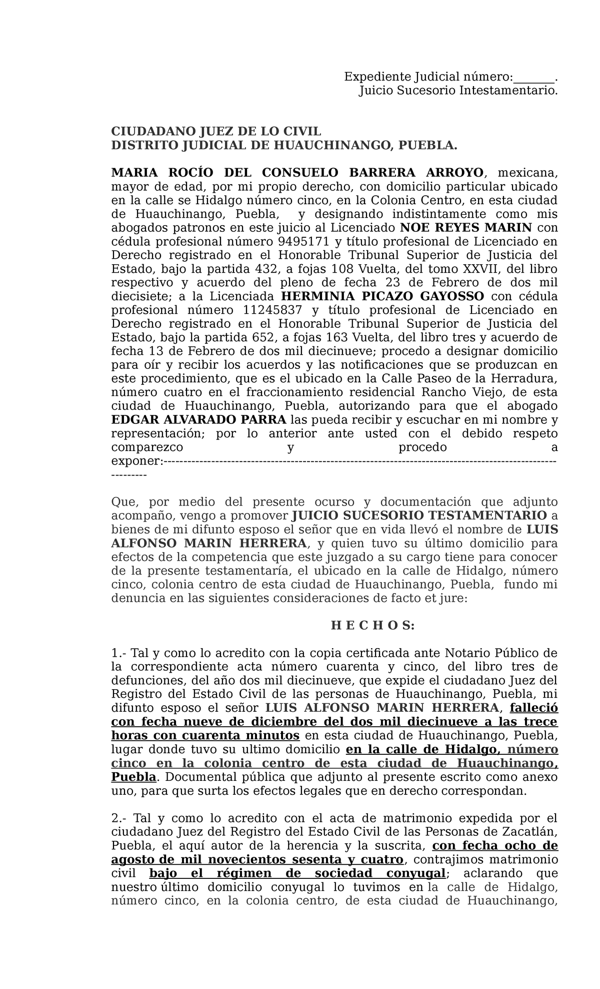 Formato De Denuncia Testamentaría Expediente Judicial Número