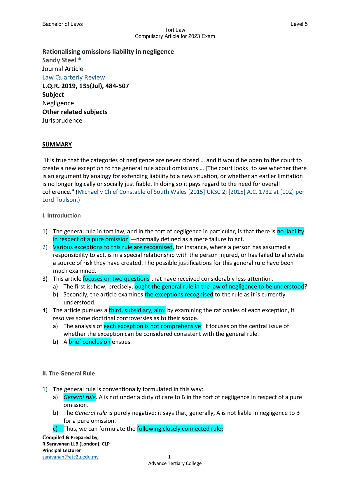 Rationalising Omissions Liability Summary Tort Law Compulsory