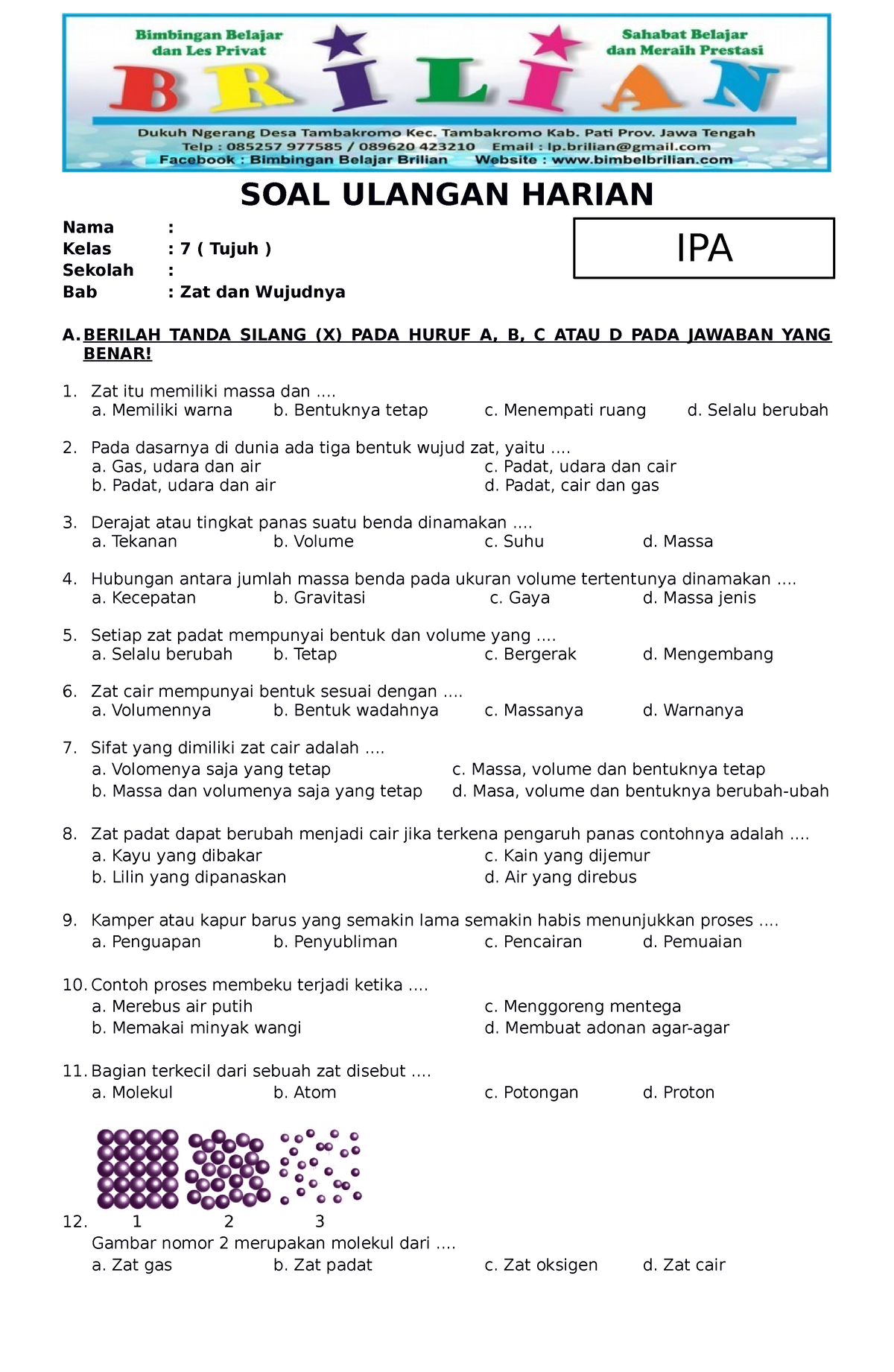 Soal Ipa Smp Kelas 7 Bab Zat Dan Wujudnya Dan Kunci Jawaban