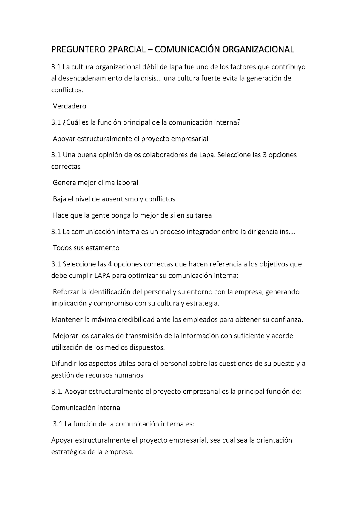 Preguntero Segundo Parcial Comunicación Org Comunicación