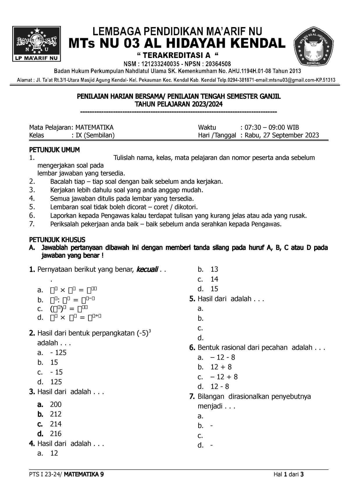 Mts Matematika 9 Pts 1 Tes Penilaian Harian Bersama Penilaian